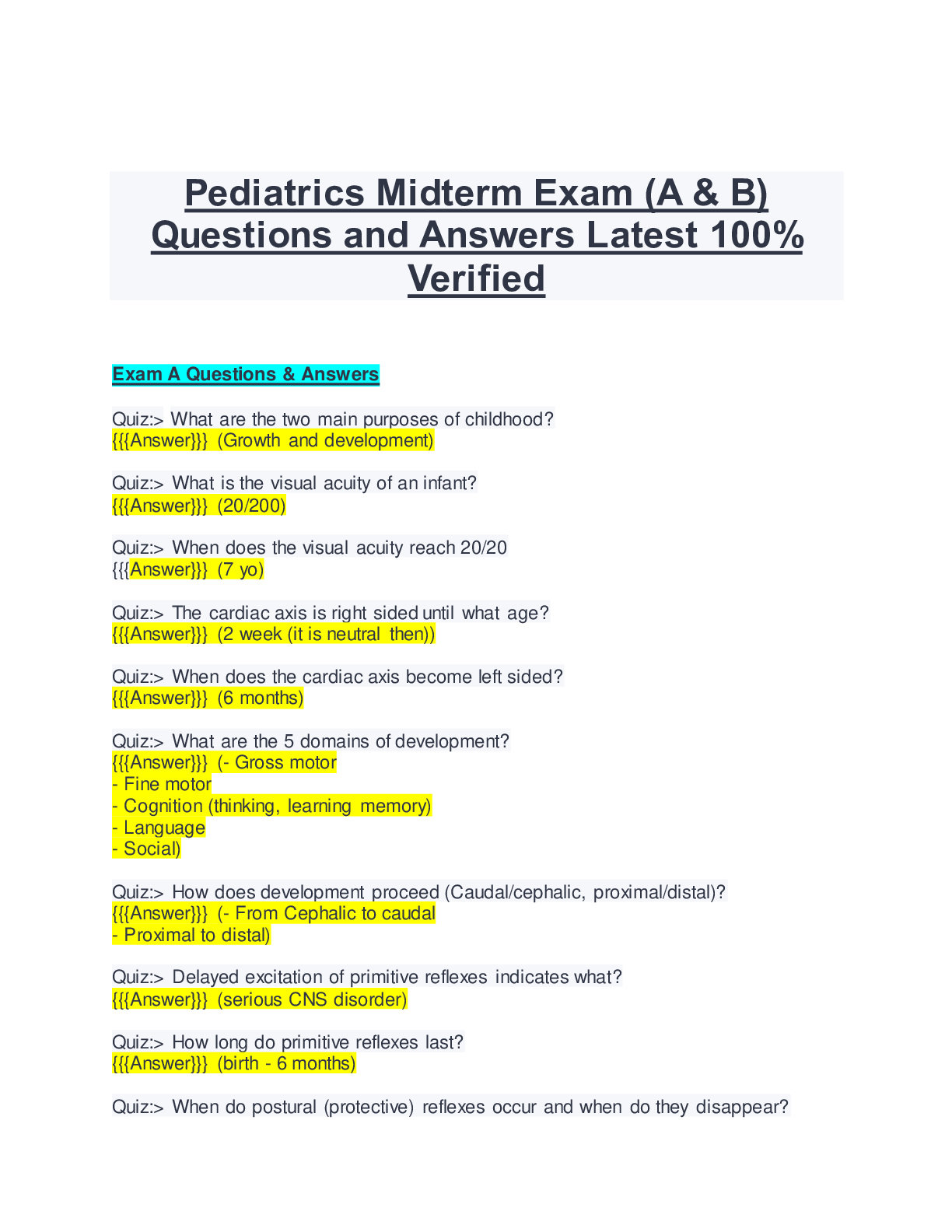 Pediatrics Midterm Exam (A & B) Questions and Answers Latest 100% ...