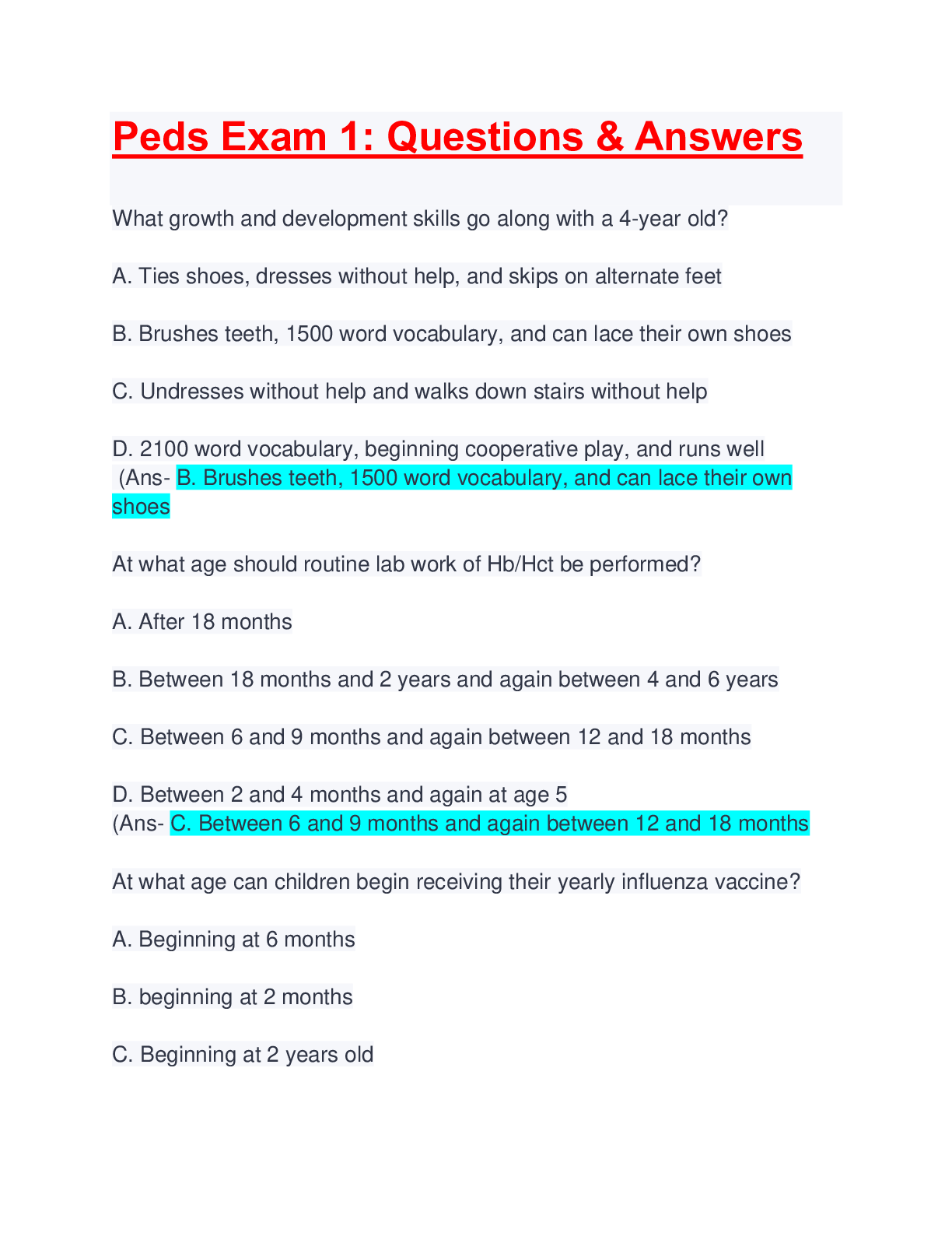 Peds Exam 1: Questions & Answers: Latest Updated; Guaranteed A+ Score ...