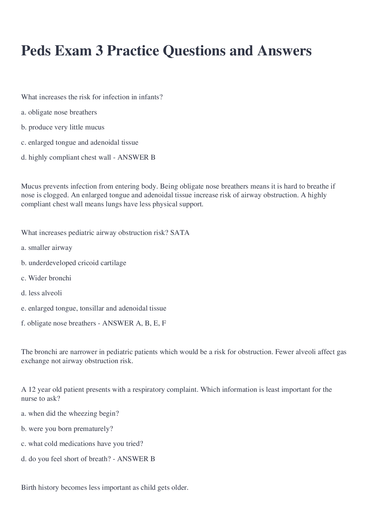 Peds Exam 3 Practice Questions and Answers - Scholarfriends