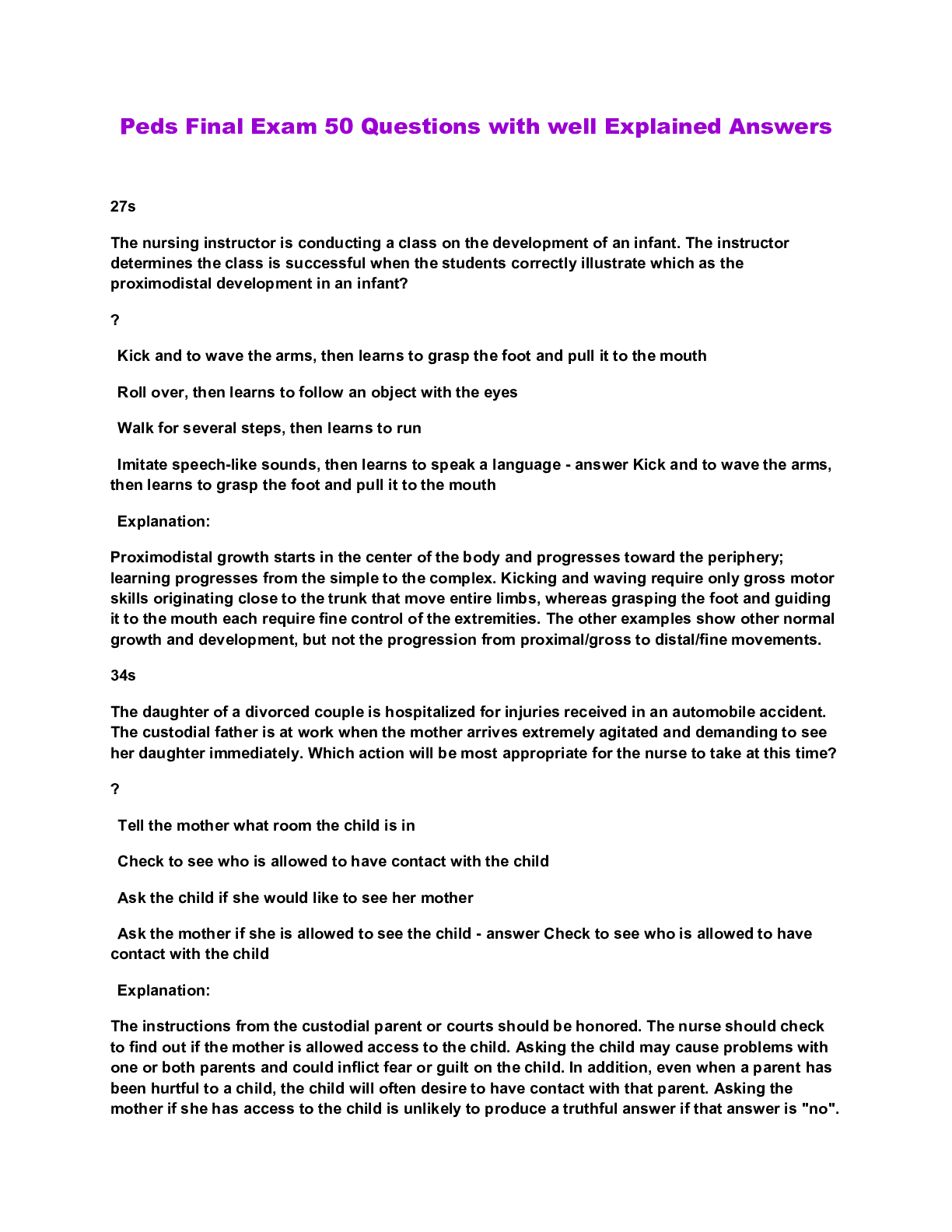 Peds Final Exam 50 Questions with well Explained Answers - Scholarfriends