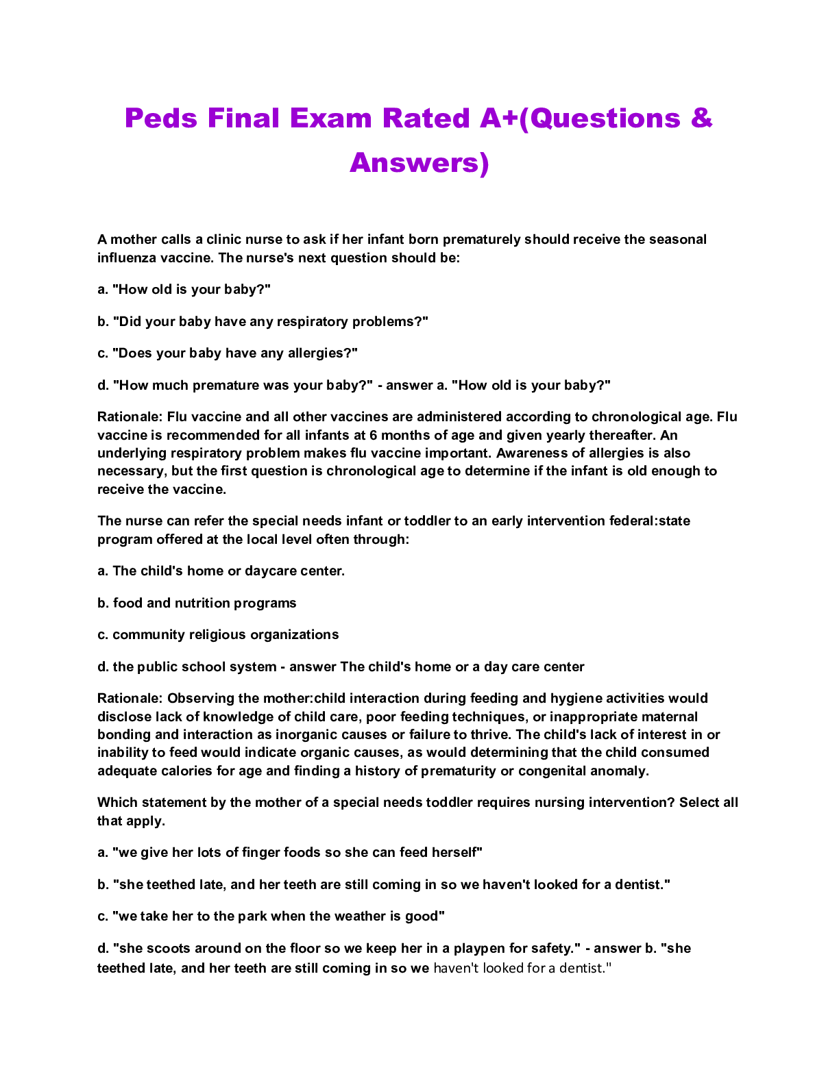 Peds Final Exam Rated A+(Questions & Answers) – Scholarfriends ...