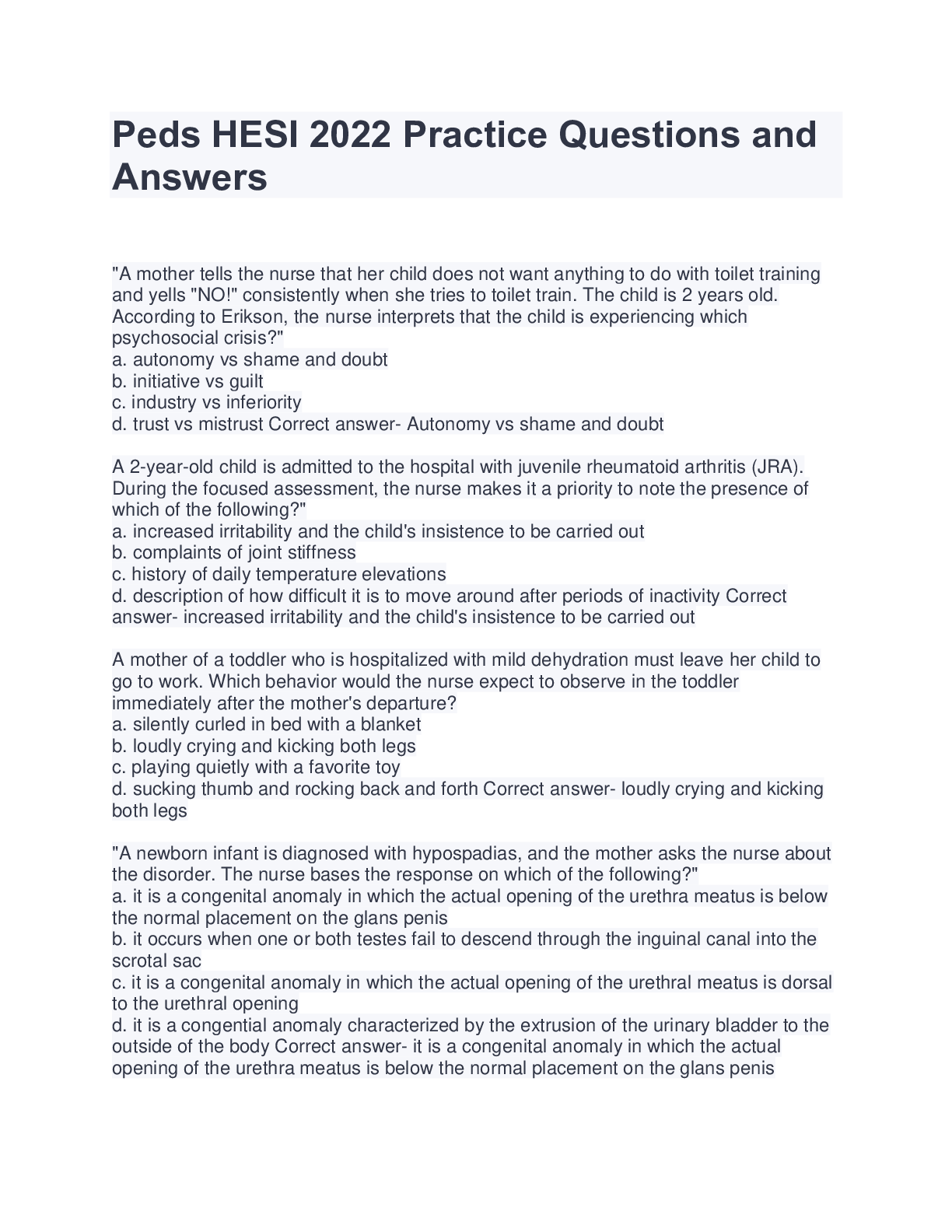 Peds HESI 2022 Practice Questions and Answers - Scholarfriends