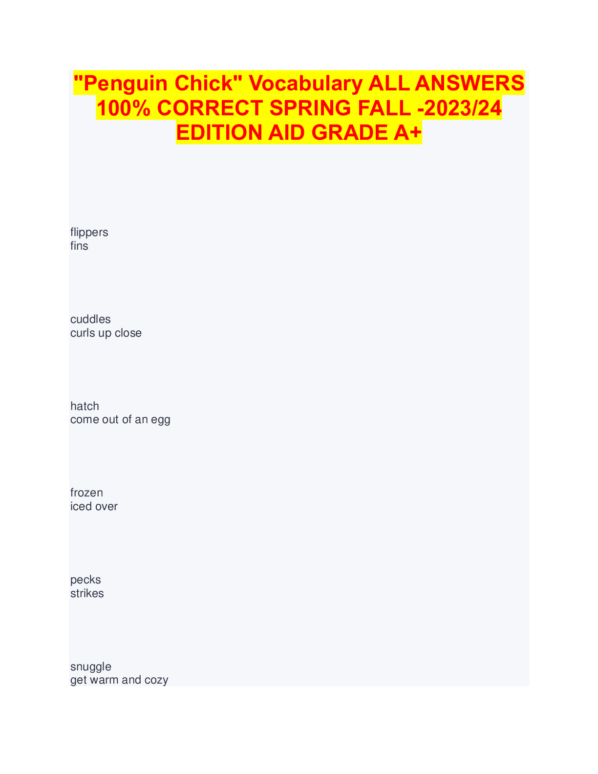 "Penguin Chick" Vocabulary ALL ANSWERS 100% CORRECT SPRING FALL -2023/ ...