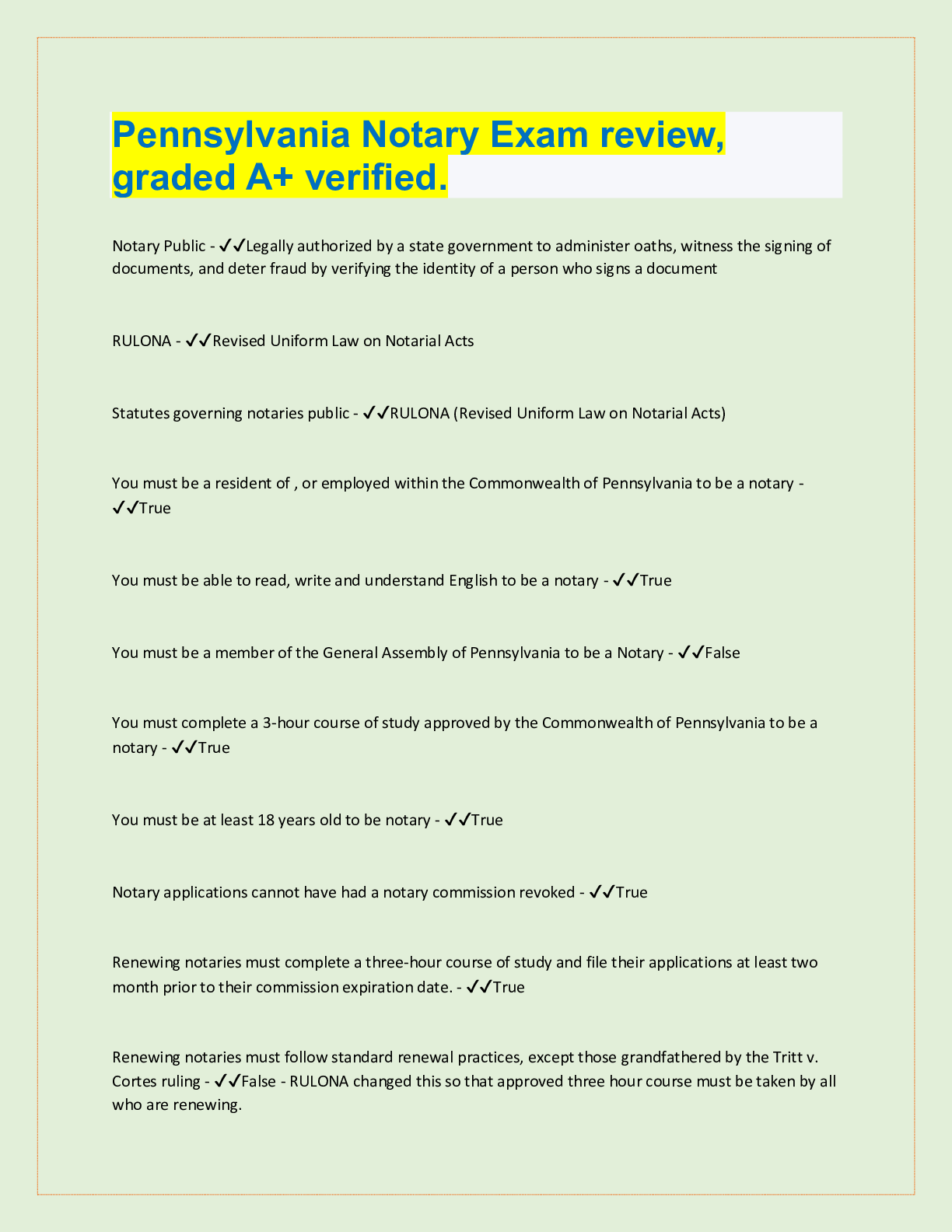 Pennsylvania Notary Exam review, graded A+ verified. – Scholarfriends ...