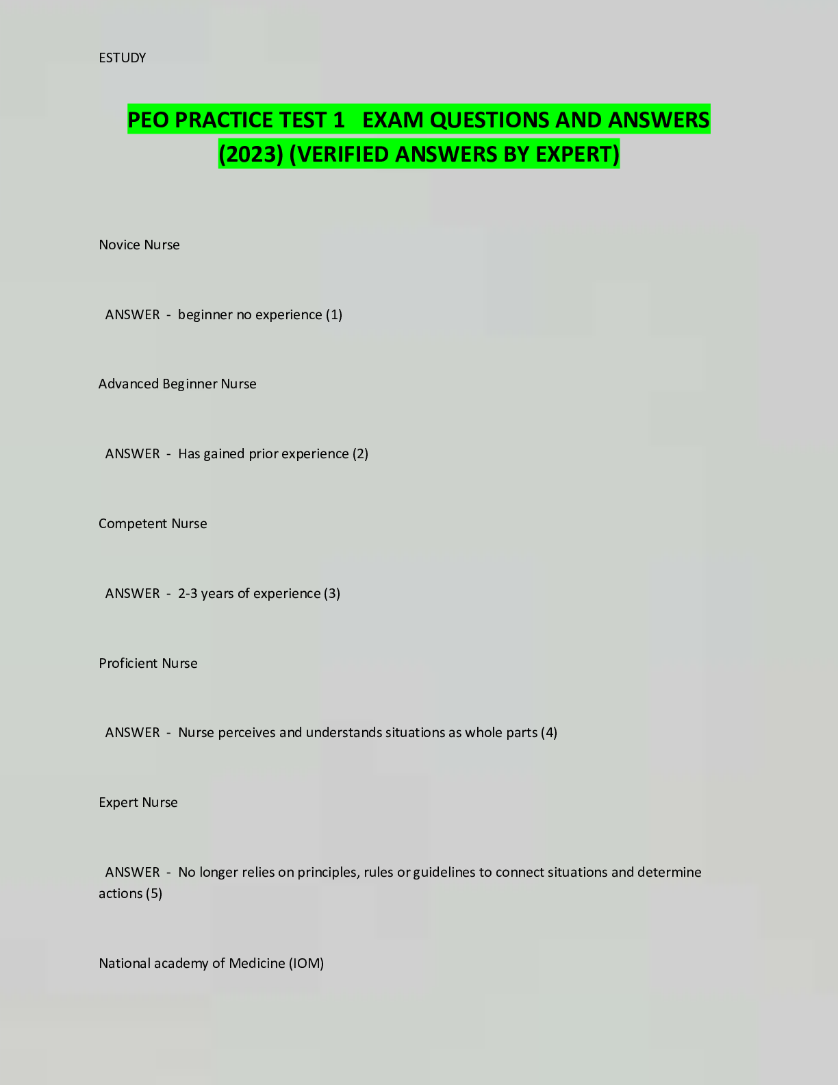 PEO PRACTICE TEST 1 EXAM QUESTIONS AND ANSWERS (2023) (VERIFIED ANSWERS ...