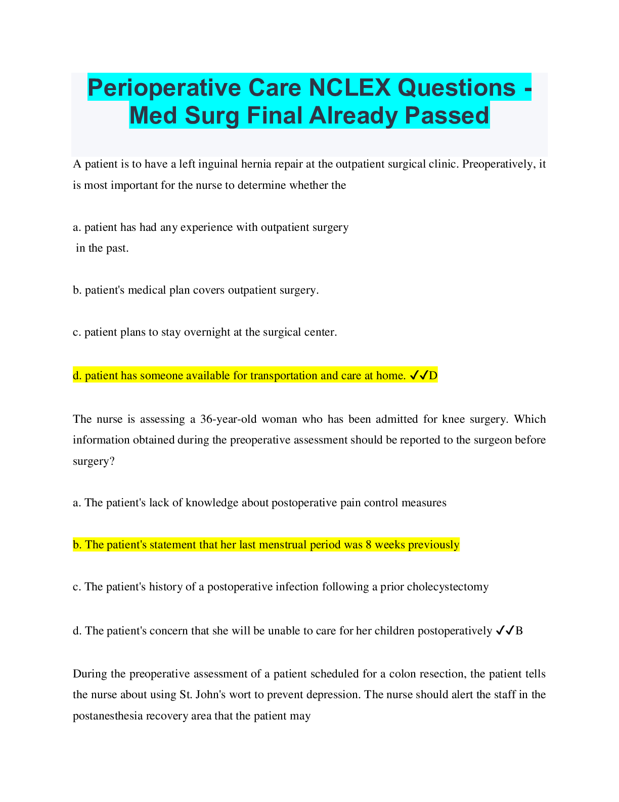 Perioperative Care NCLEX Questions - MED SURG FINAL. 100% Accurate ...