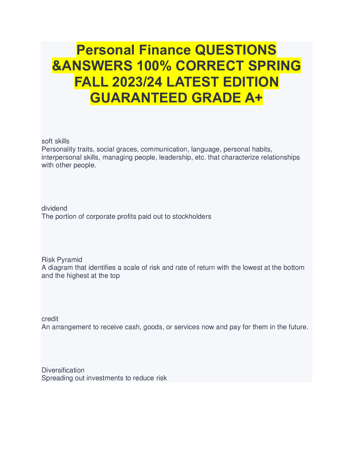 Personal Finance QUESTIONS &ANSWERS 100% CORRECT SPRING FALL 2023/24 ...