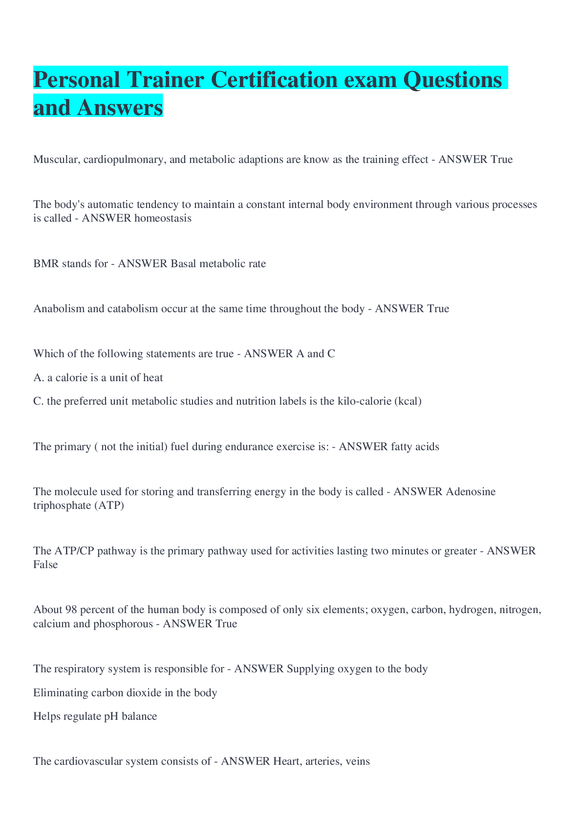 Personal Trainer Certification exam Questions and Answers - Scholarfriends