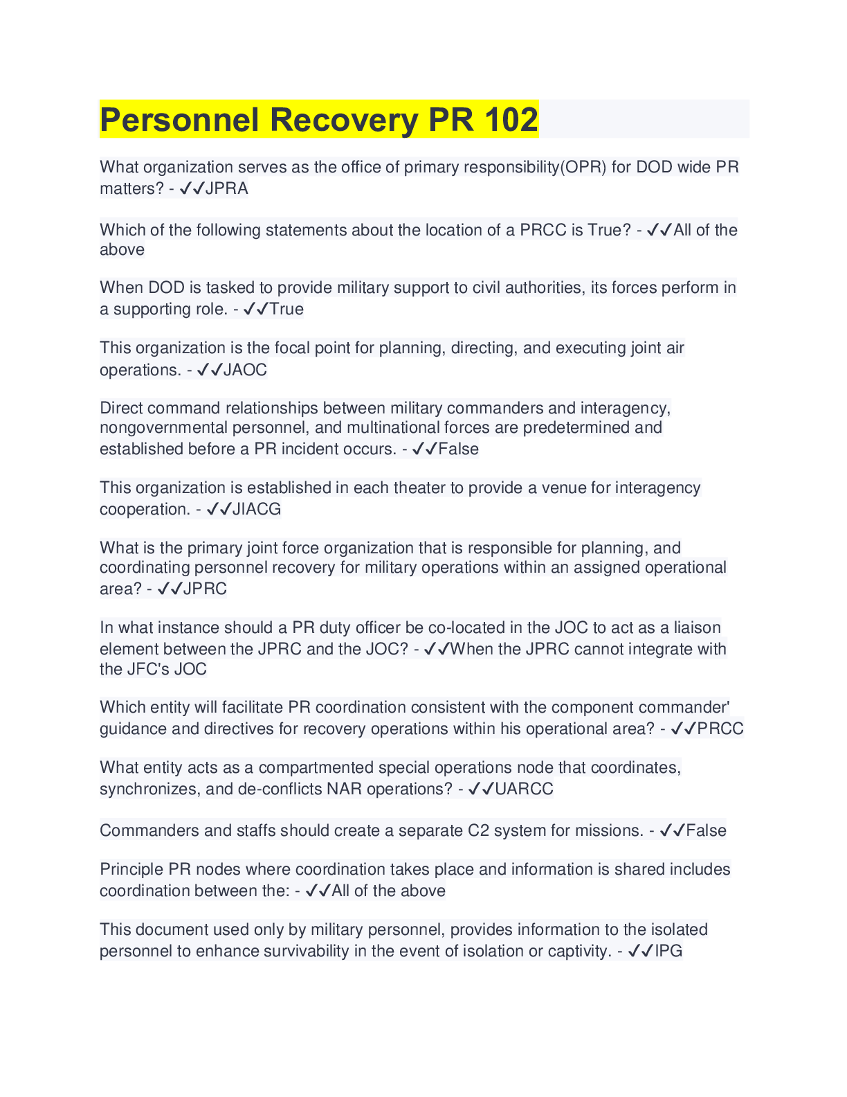 Personnel Recovery PR 102 | 51 Questions with 100% Correct Answers ...