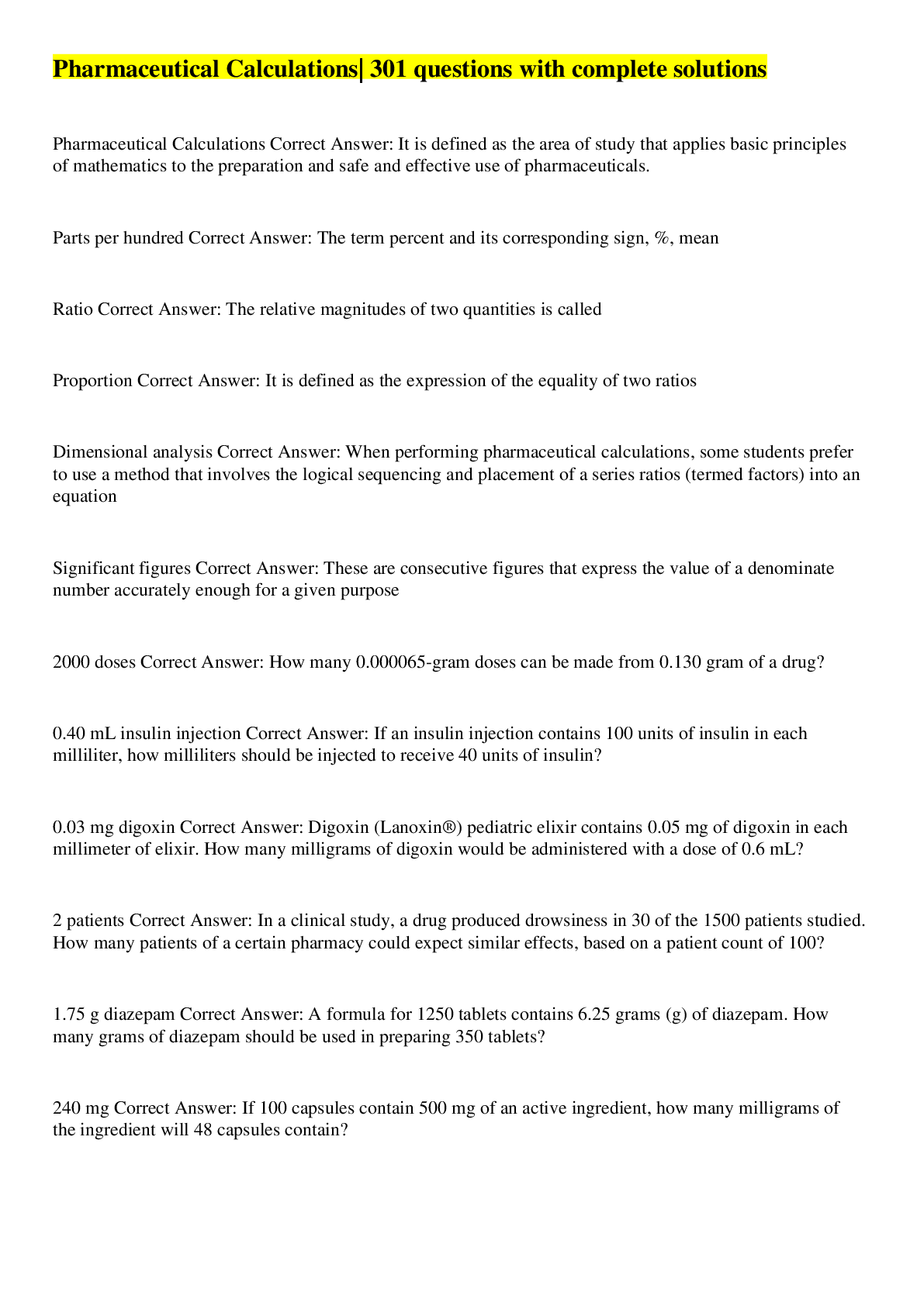 Pharmaceutical Calculations| 301 questions with complete solutions ...