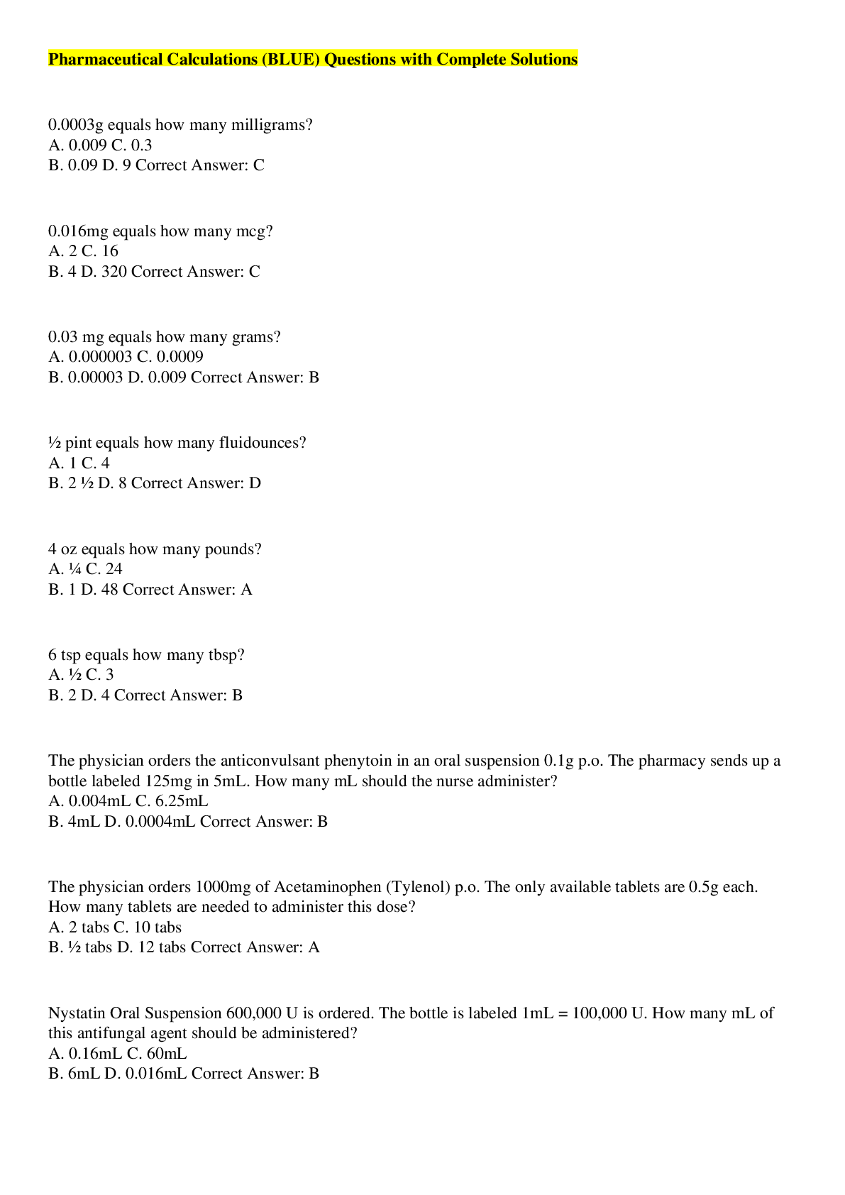 Pharmaceutical Calculations (BLUE) Questions with Complete Solutions ...