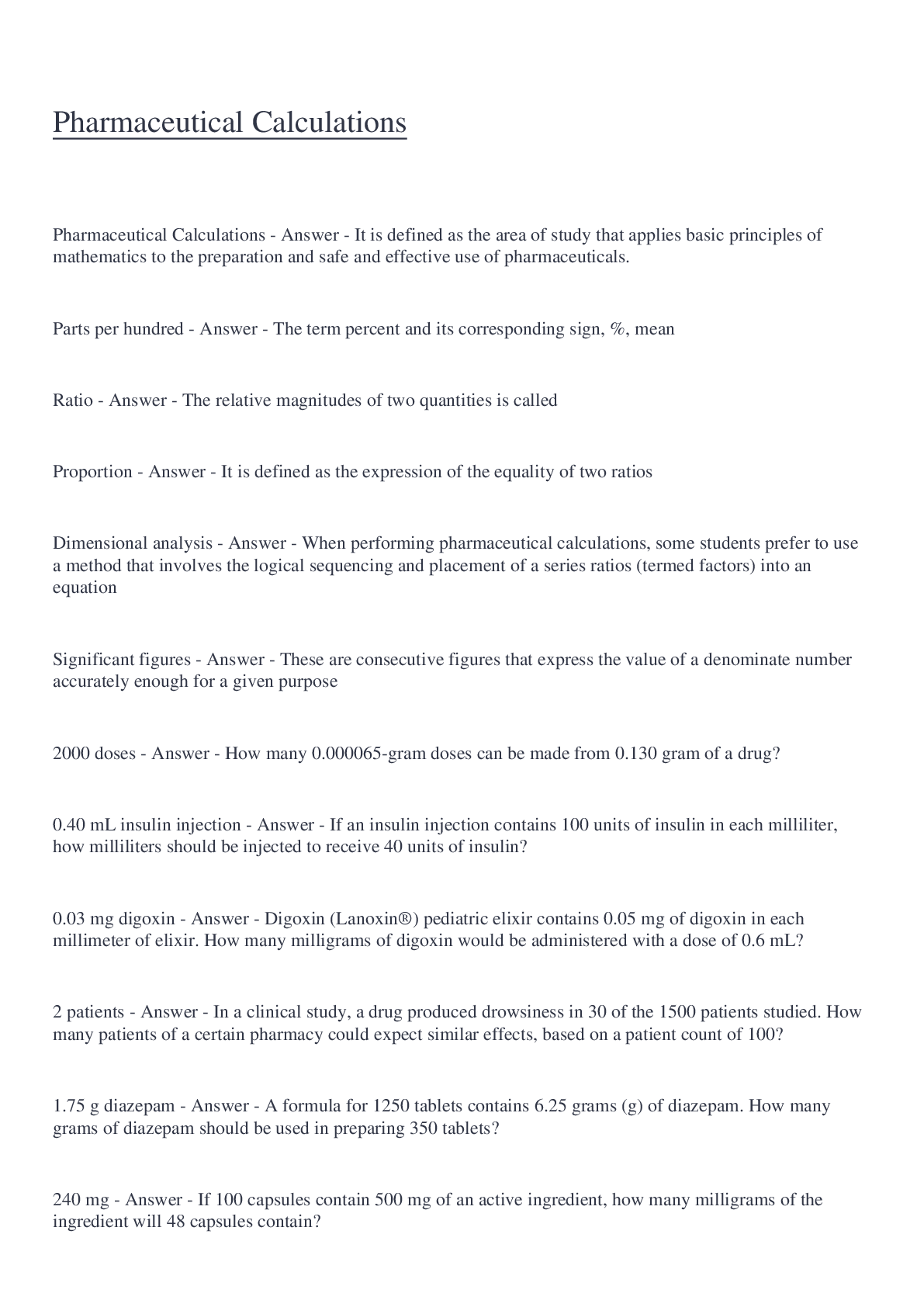 Pharmaceutical Calculations Questions With Answers 2022/2023 ...