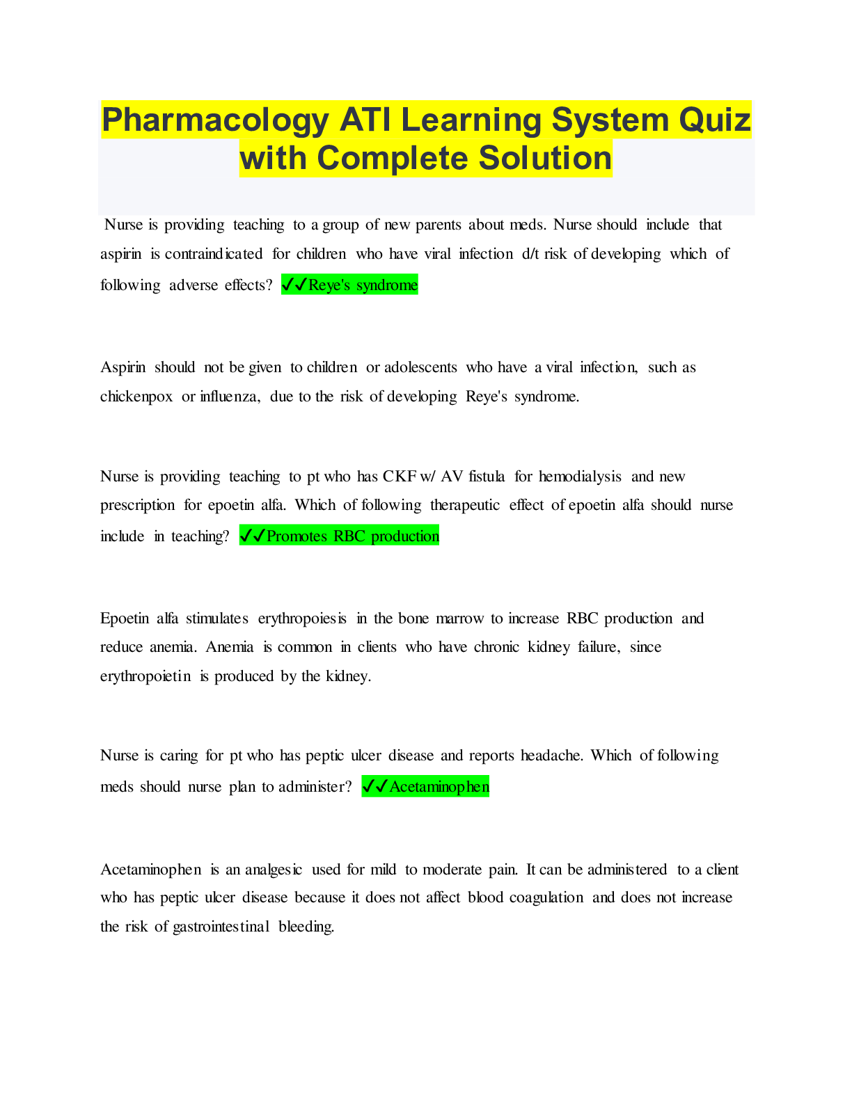 Pharmacology ATI Learning System Quiz with Complete Solution ...