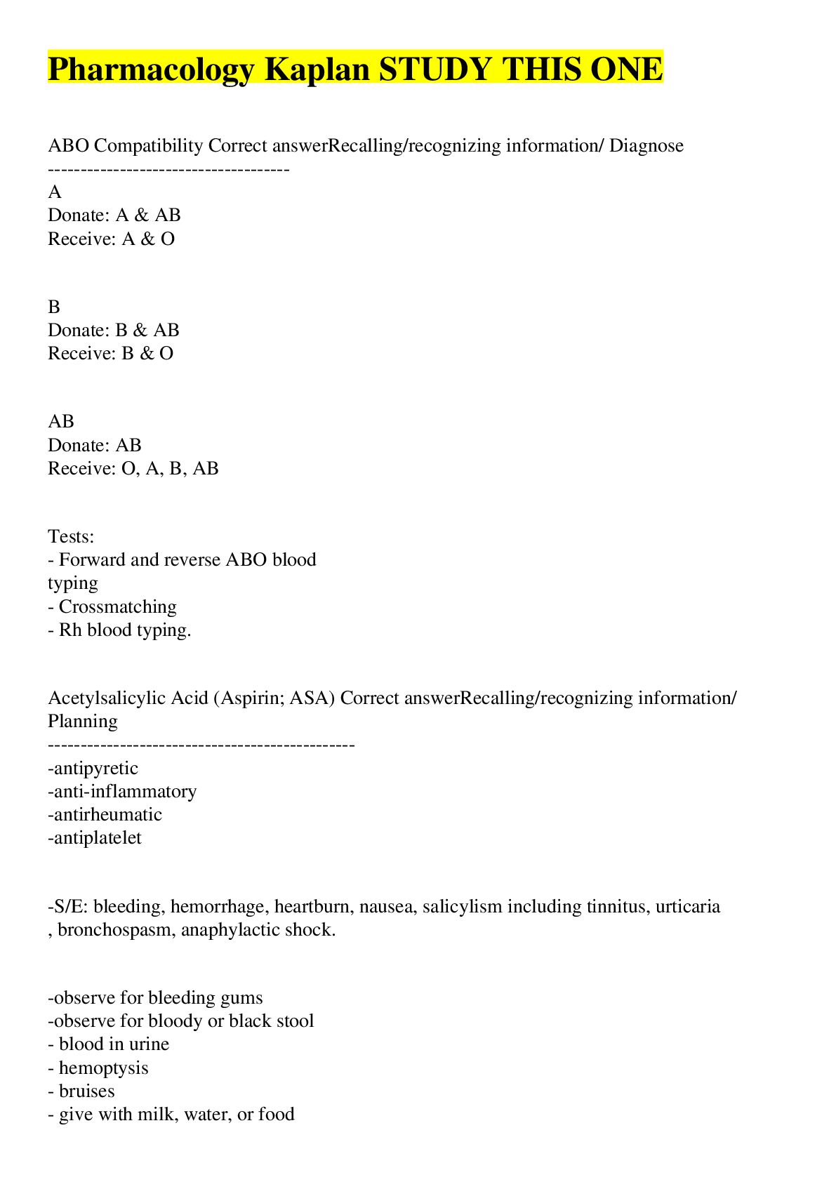 Pharmacology Kaplan STUY GUIDE WITH VERIFIED ANSWERS - Scholarfriends