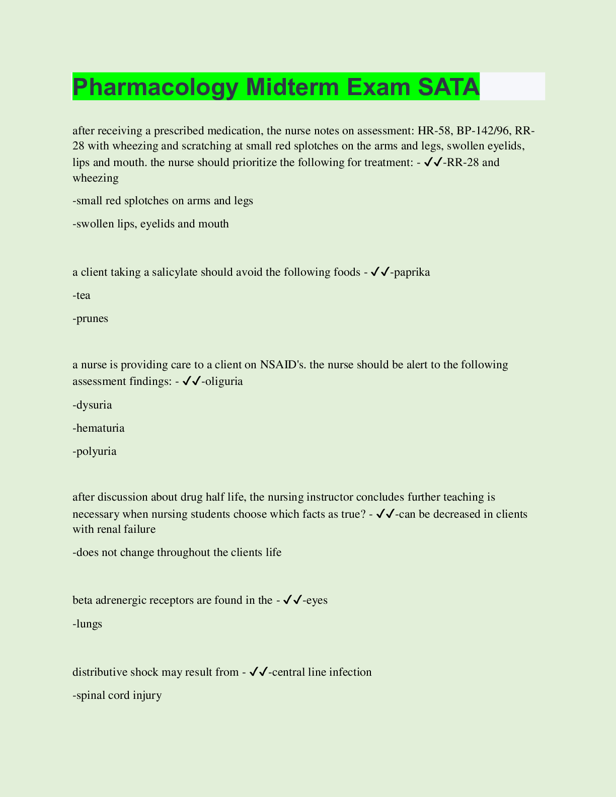 Pharmacology Midterm Exam SATA | 30 Questions with 100% Correct Answers ...