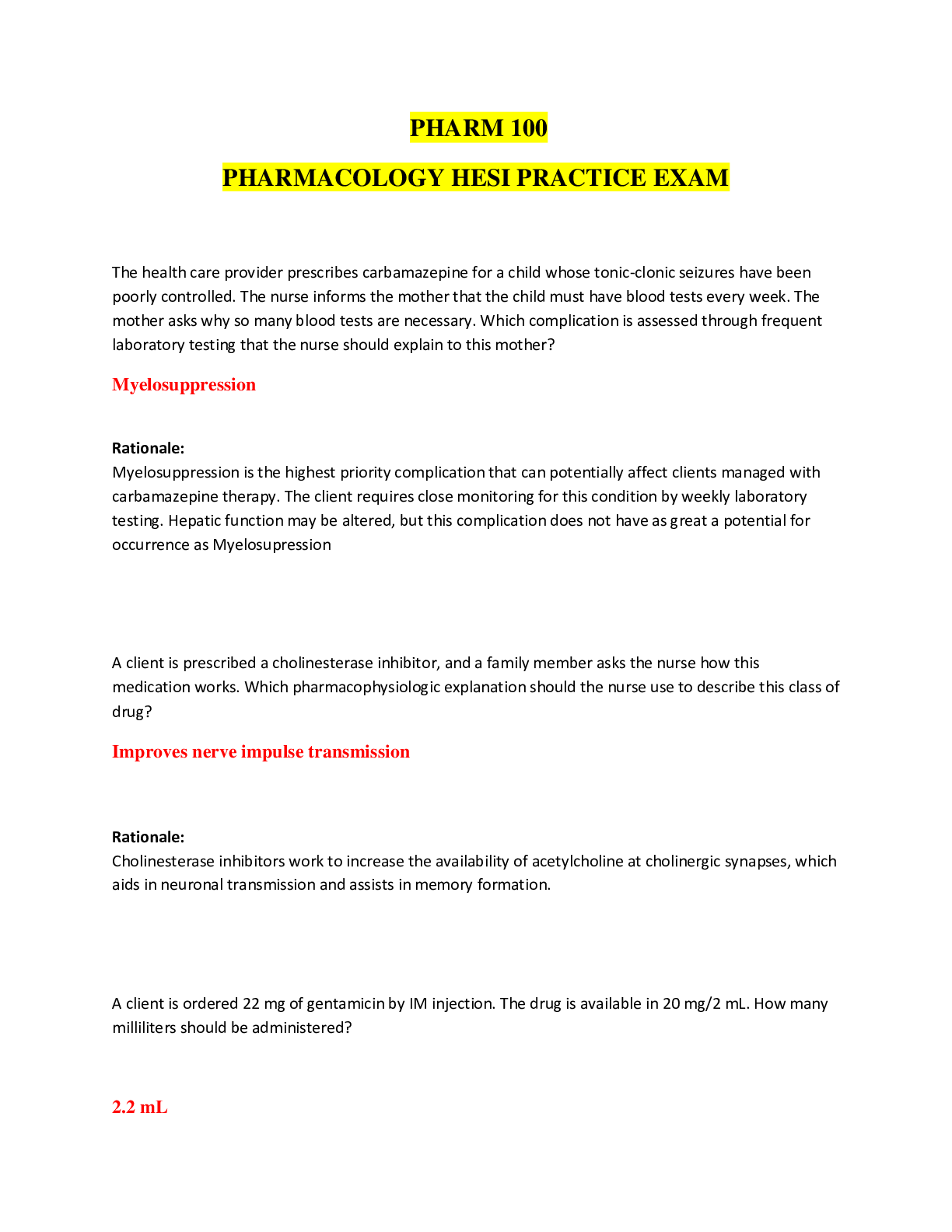 PHARM 100 PHARMACOLOGY HESI PRACTICE EXAM - Scholarfriends