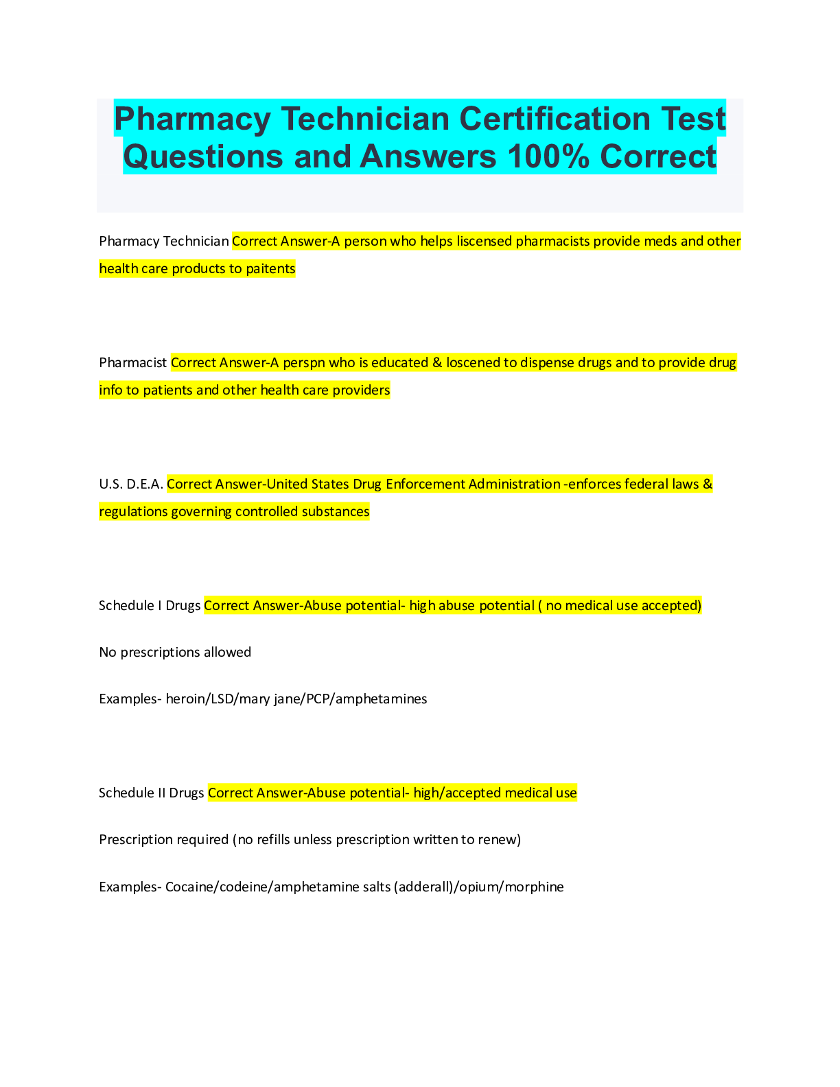 Pharmacy Technician Certification Test Questions and Answers 100% ...