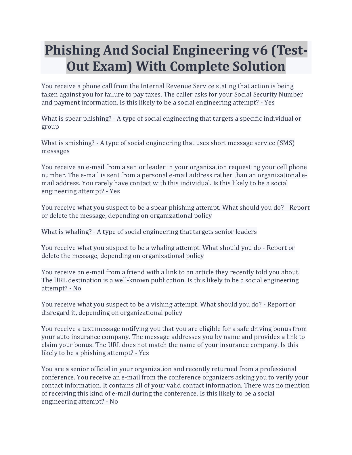 Phishing And Social Engineering v6 (Test-Out Exam) With Complete Sol ...