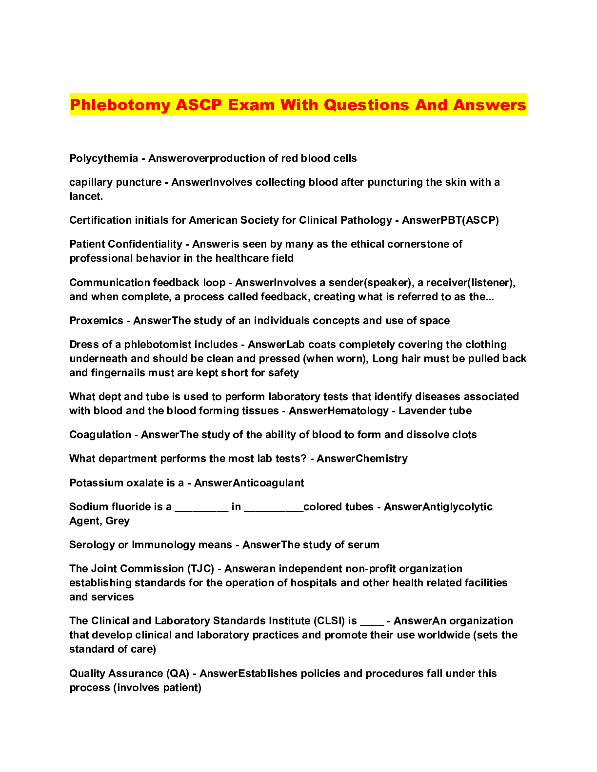 Phlebotomy ASCP Exam With Questions And Answers - Scholarfriends