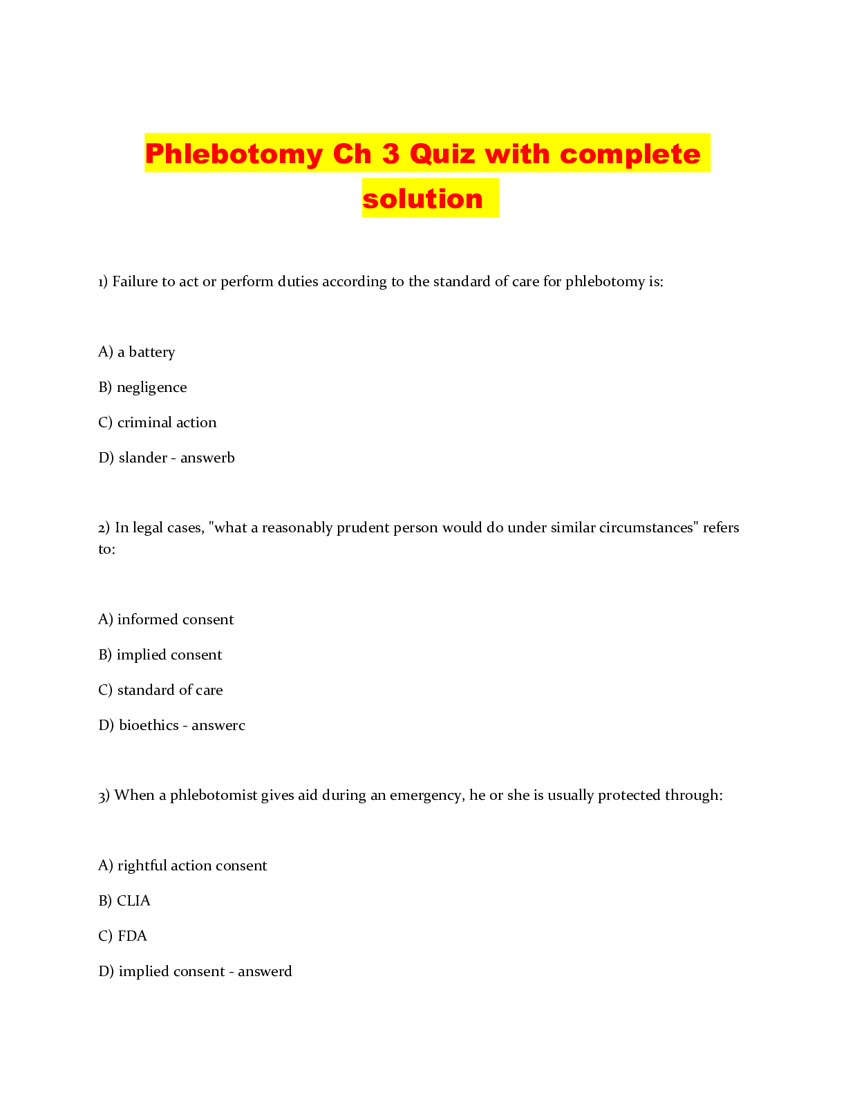 Phlebotomy Ch 3 Quiz with complete solution - Scholarfriends