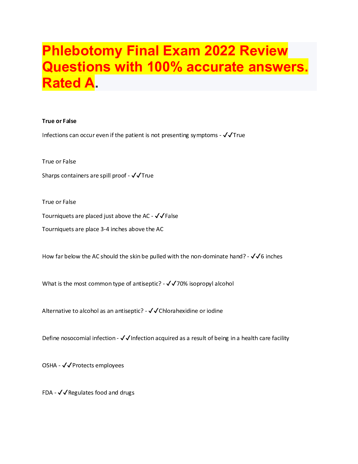 Phlebotomy Final Exam 2022 Review Questions with 100% accurate answers ...