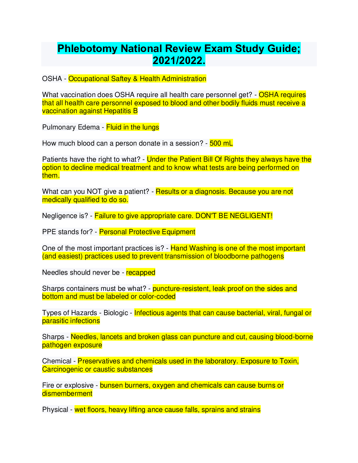 Phlebotomy National Review Exam Study Guide; 2021/2022. - Scholarfriends