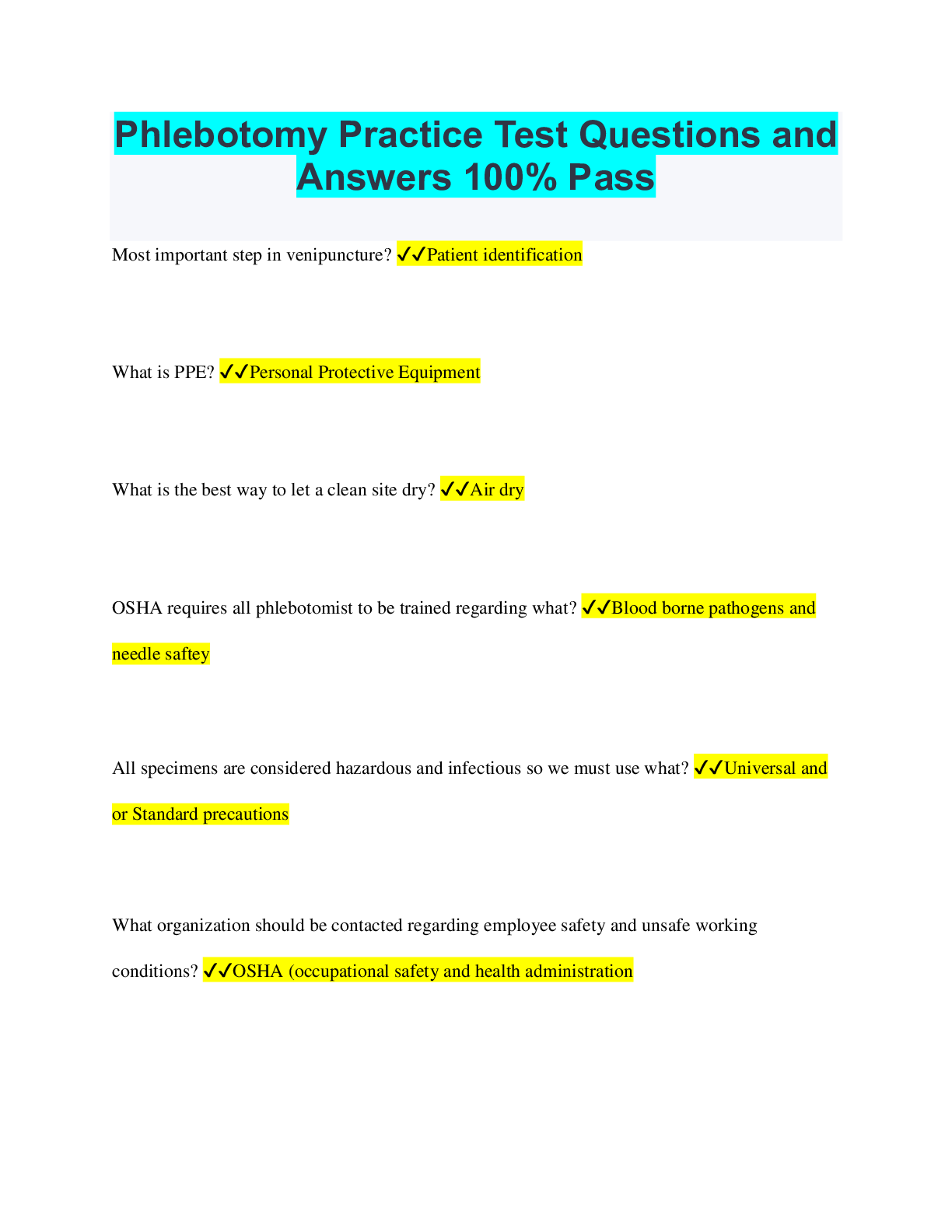 Phlebotomy Practice Test Questions and Answers 100% Pass - Scholarfriends