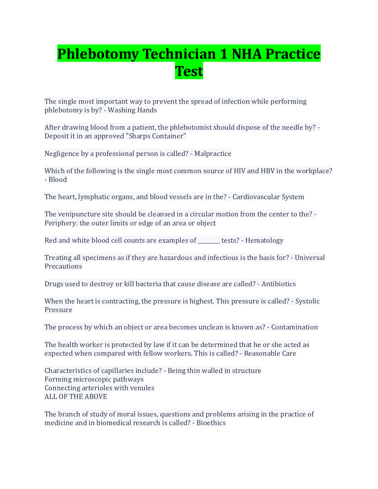 Phlebotomy Technician 1 NHA Practice Test 2022/2023/ Answered ...