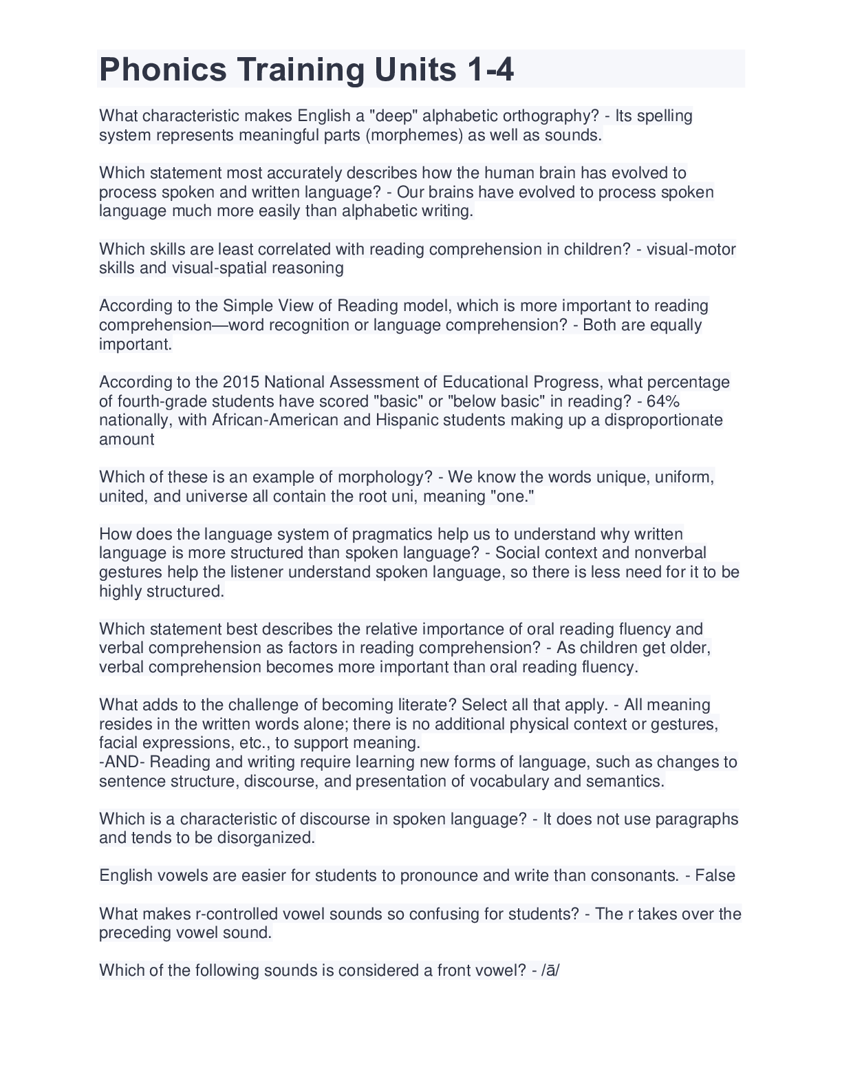 Phonics Training Units 1-4 Questions With Answers 2022/2023 ...