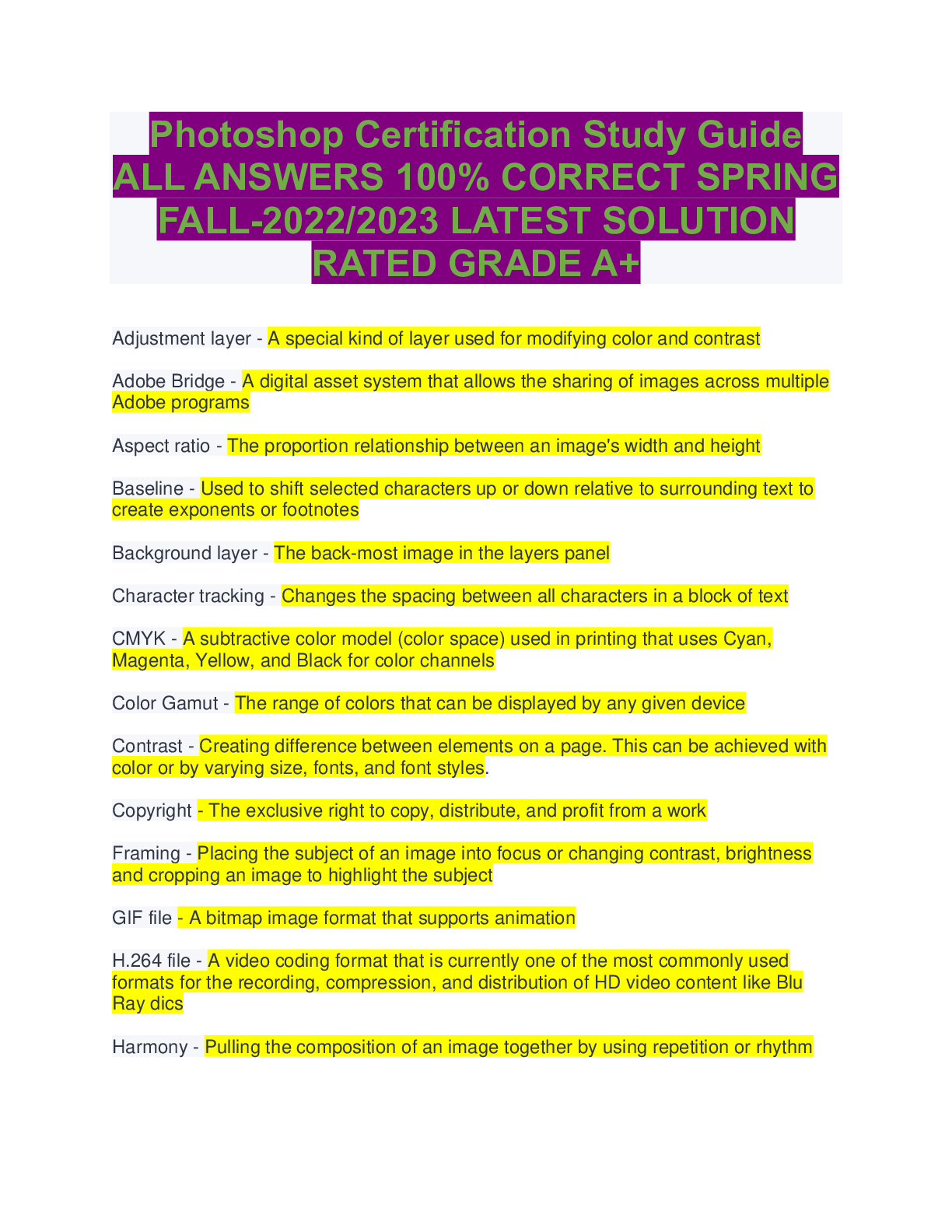 Photoshop Certification Study Guide ALL ANSWERS 100% CORRECT SPRING ...
