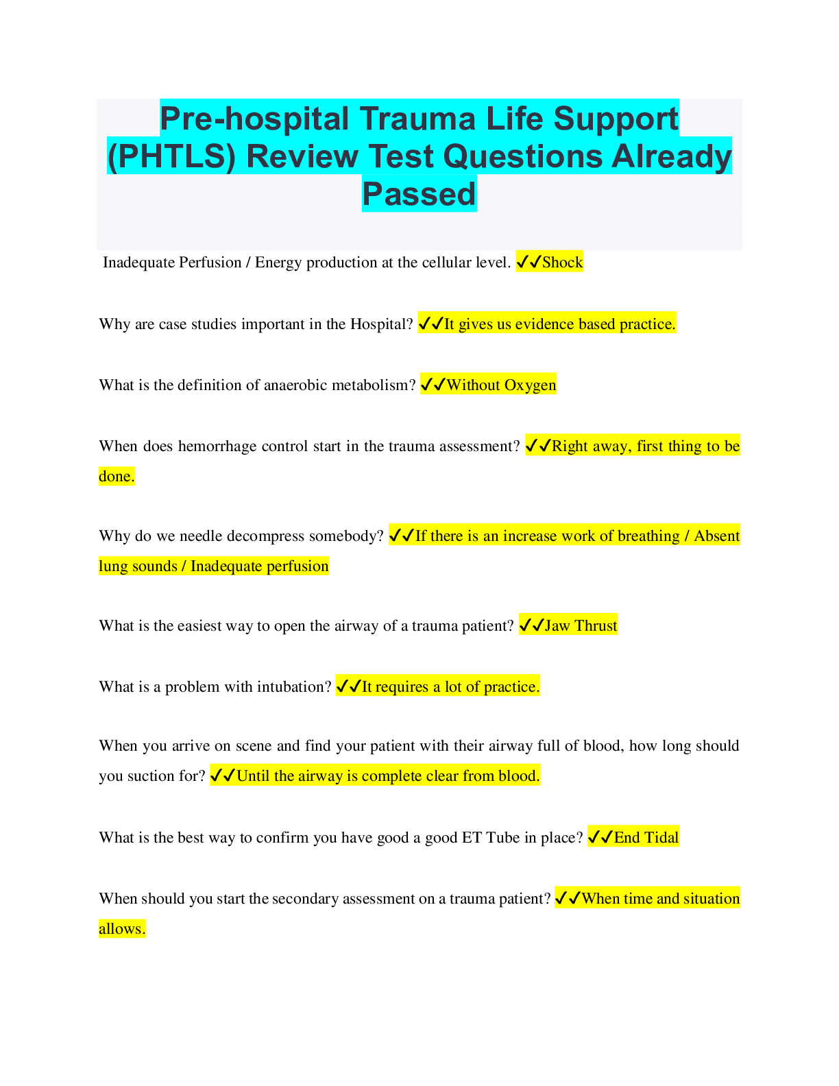 Pre-hospital Trauma Life Support (PHTLS) Review Test Questions Already ...