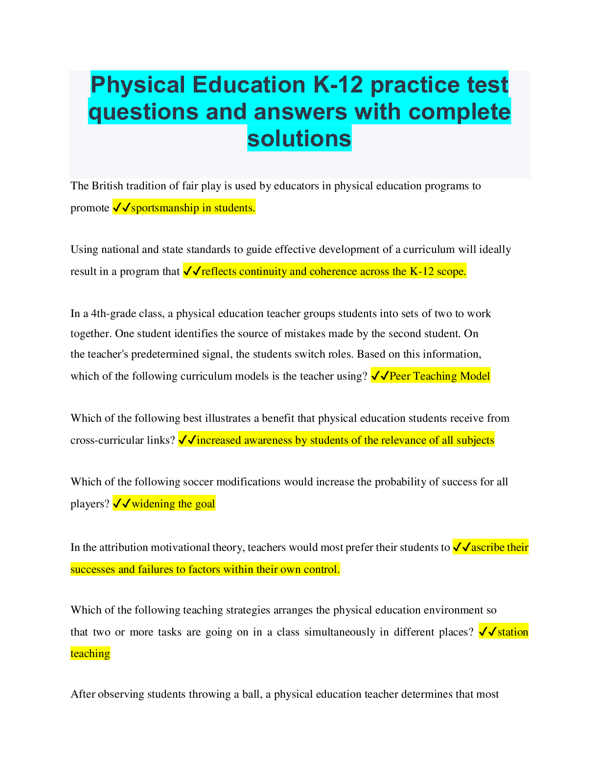 Physical Education K-12 practice test questions and answers with ...