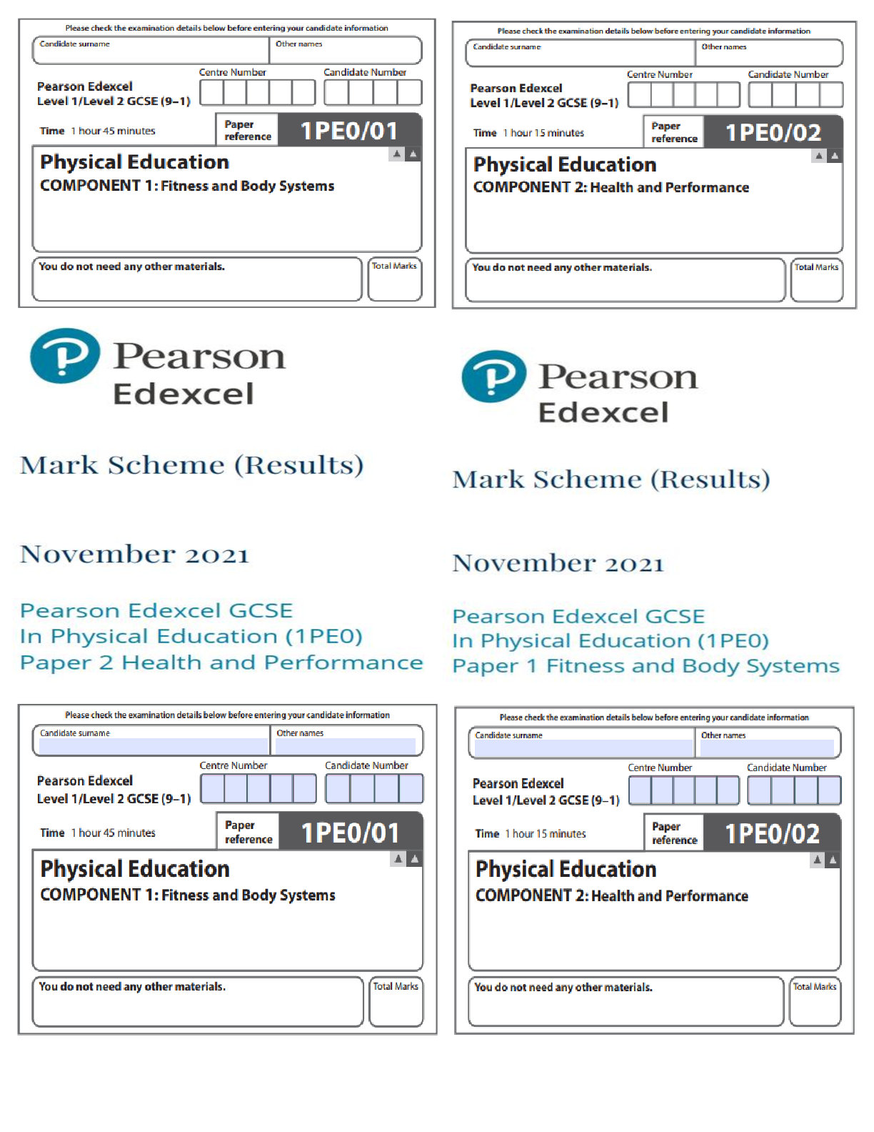 Pearson Edexcel GCSE Physical Education 1PE0/01, 1PE0/02 QUESTION ...