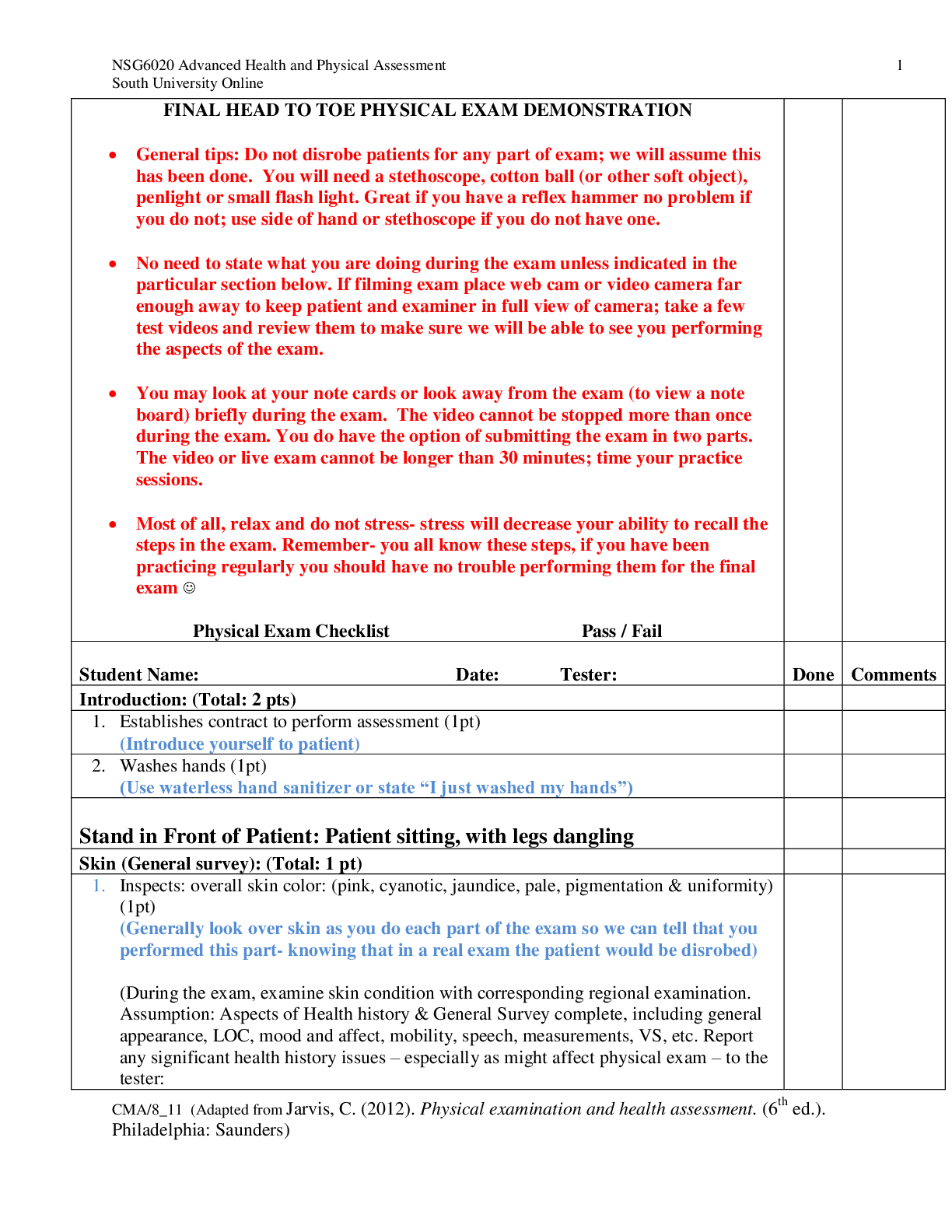 NSG 6020 Advanced Health And Physical Assessment;Physical Exam Skills ...