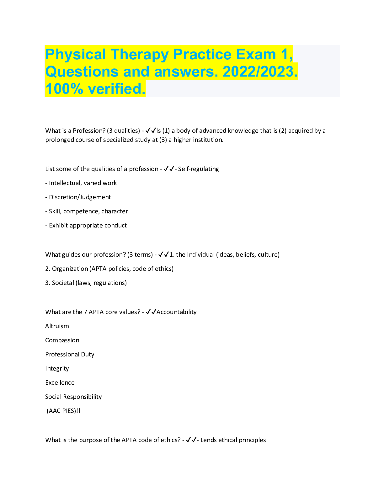 Physical Therapy Practice Exam 1, Questions and answers. 2022/2023. 100 ...
