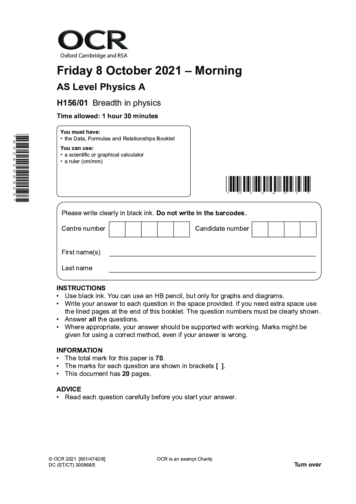 AS Level Physics A_H156/01 Question Paper Oct 2021 | Breadth in Physics ...