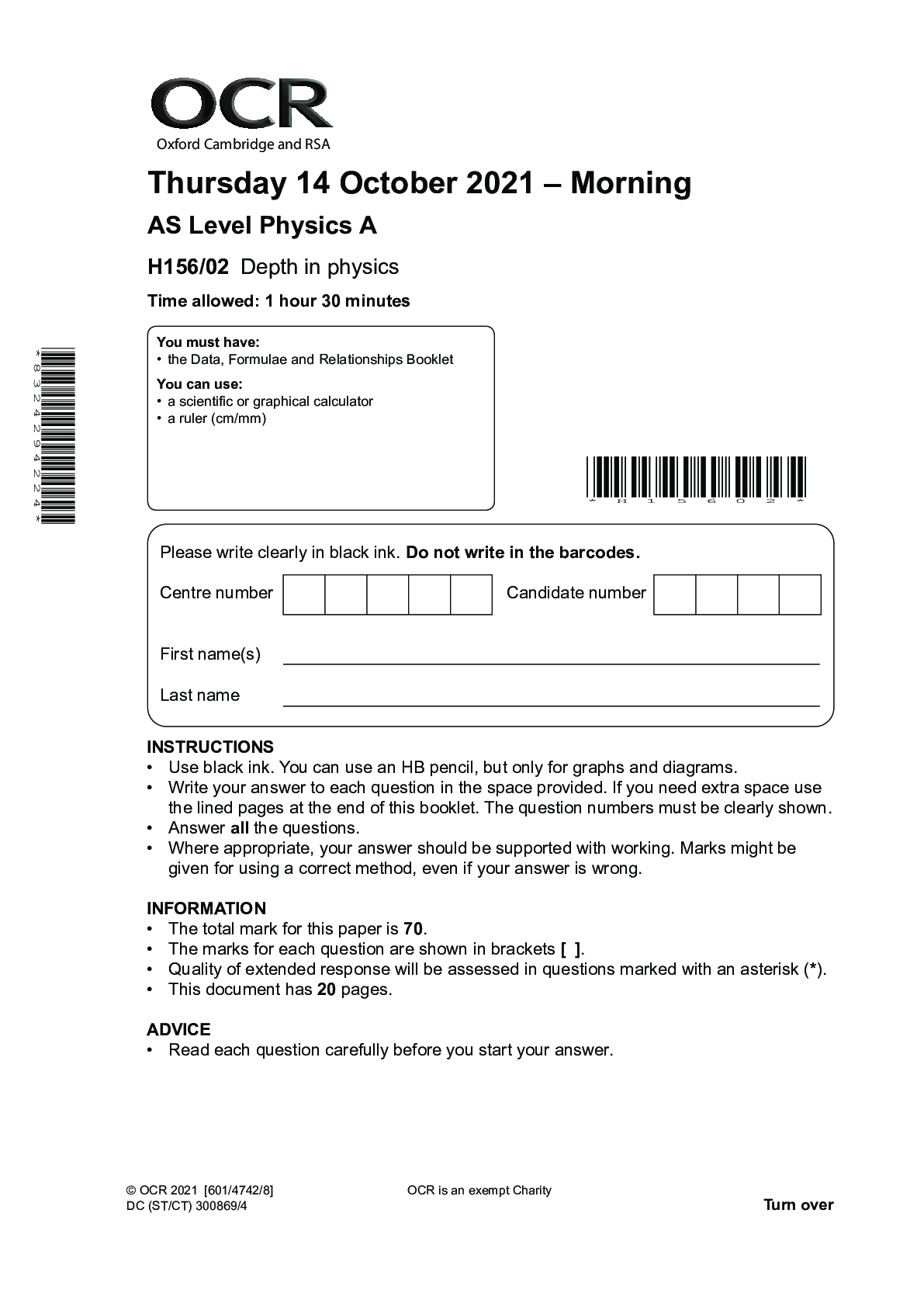 AS Level Physics A_H156/02 Question Paper Oct 2021 | Depth in Physics ...