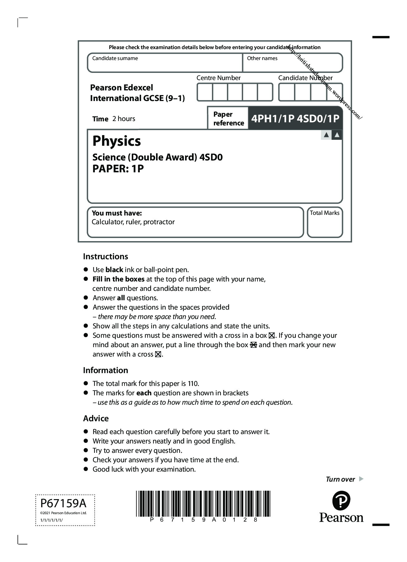 Pearson Edexcel International GCSE (9–1)_Physics_4PH1/1P Question Paper ...