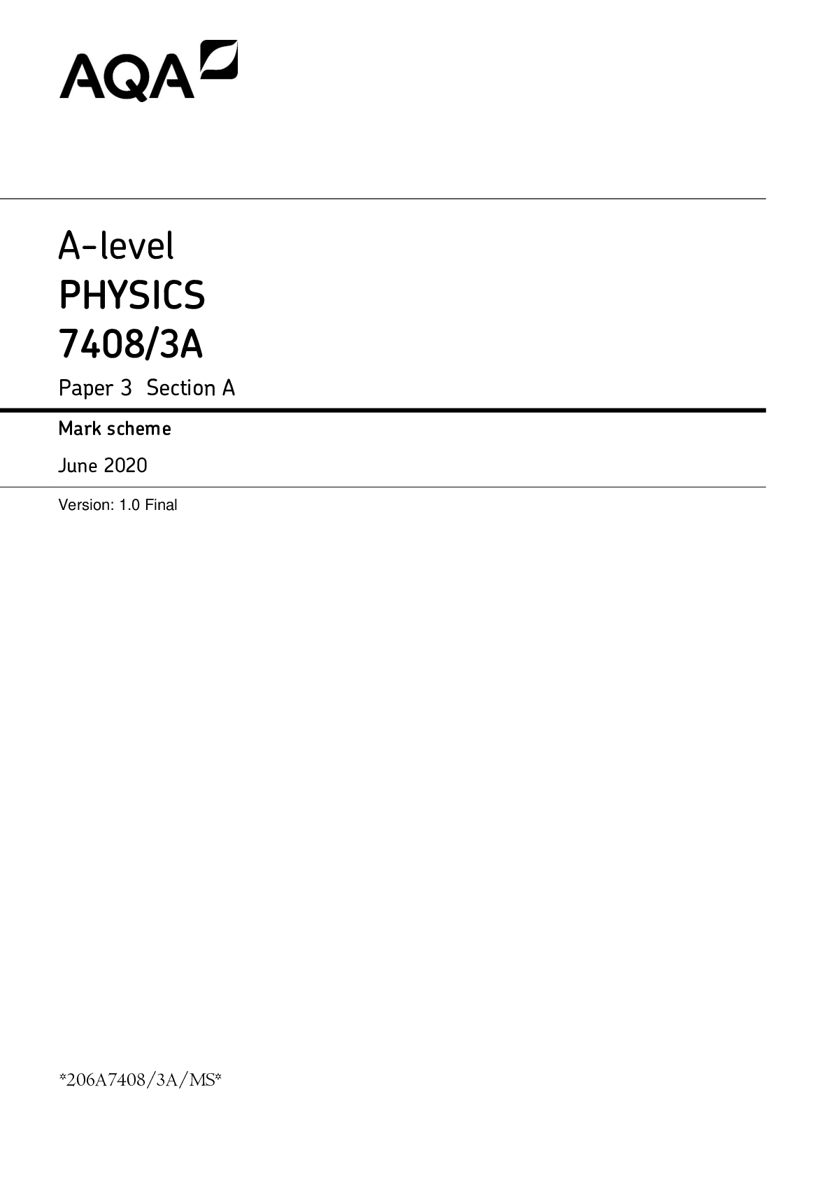 AQA_A Level Physics_7408/3A Mark Scheme_2020 | Paper 3 Section A ...