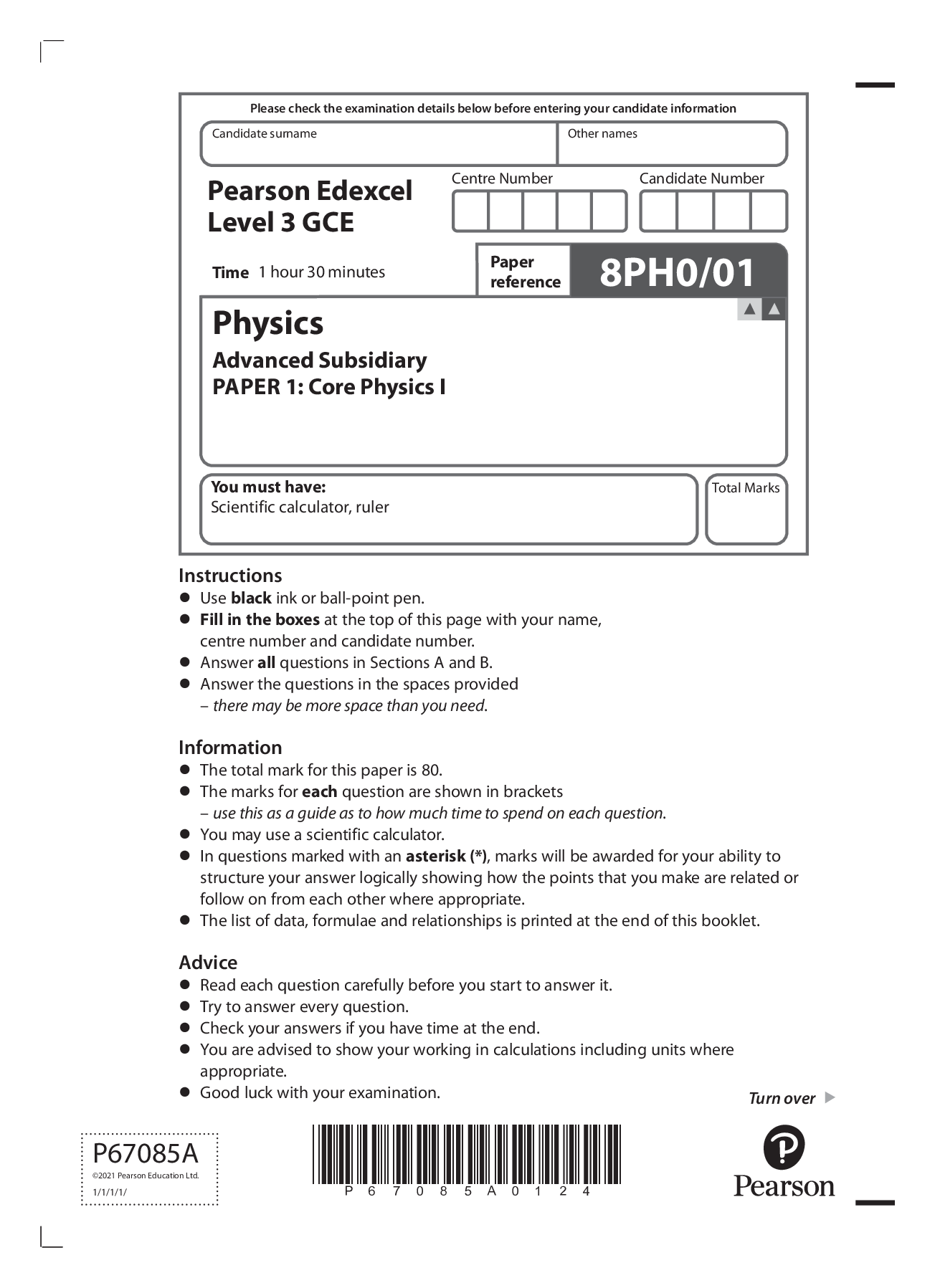 Pearson Edexcel Level 3 GCE_Physics_8PH0/01 Question Paper_2021 | Core ...