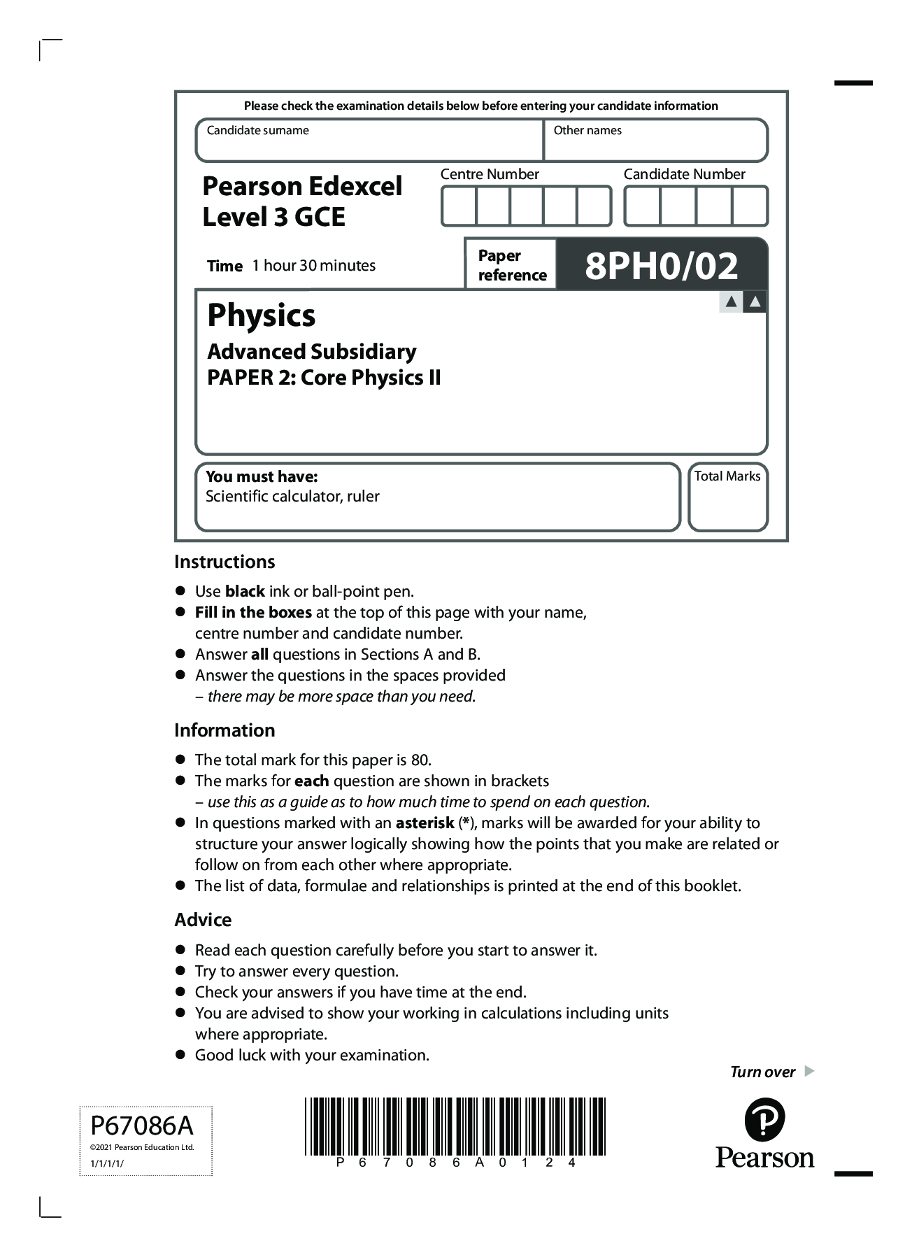 Pearson Edexcel Level 3 GCE_Physics_8PH0/02 Question Paper & Mark ...