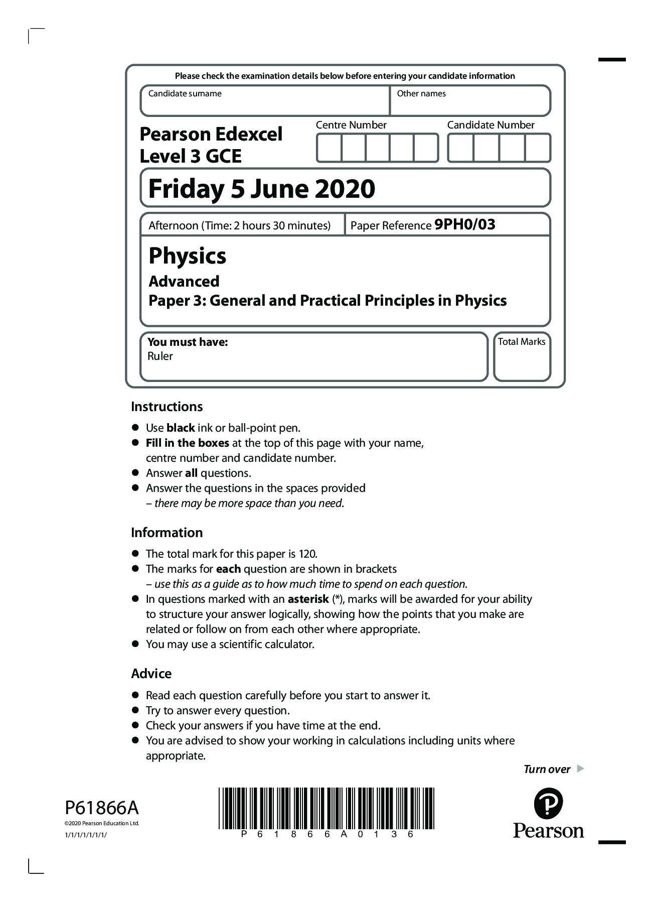 Pearson Edexcel Level 3 GCE_Physics_9PH0/03 Question Paper 2020 ...