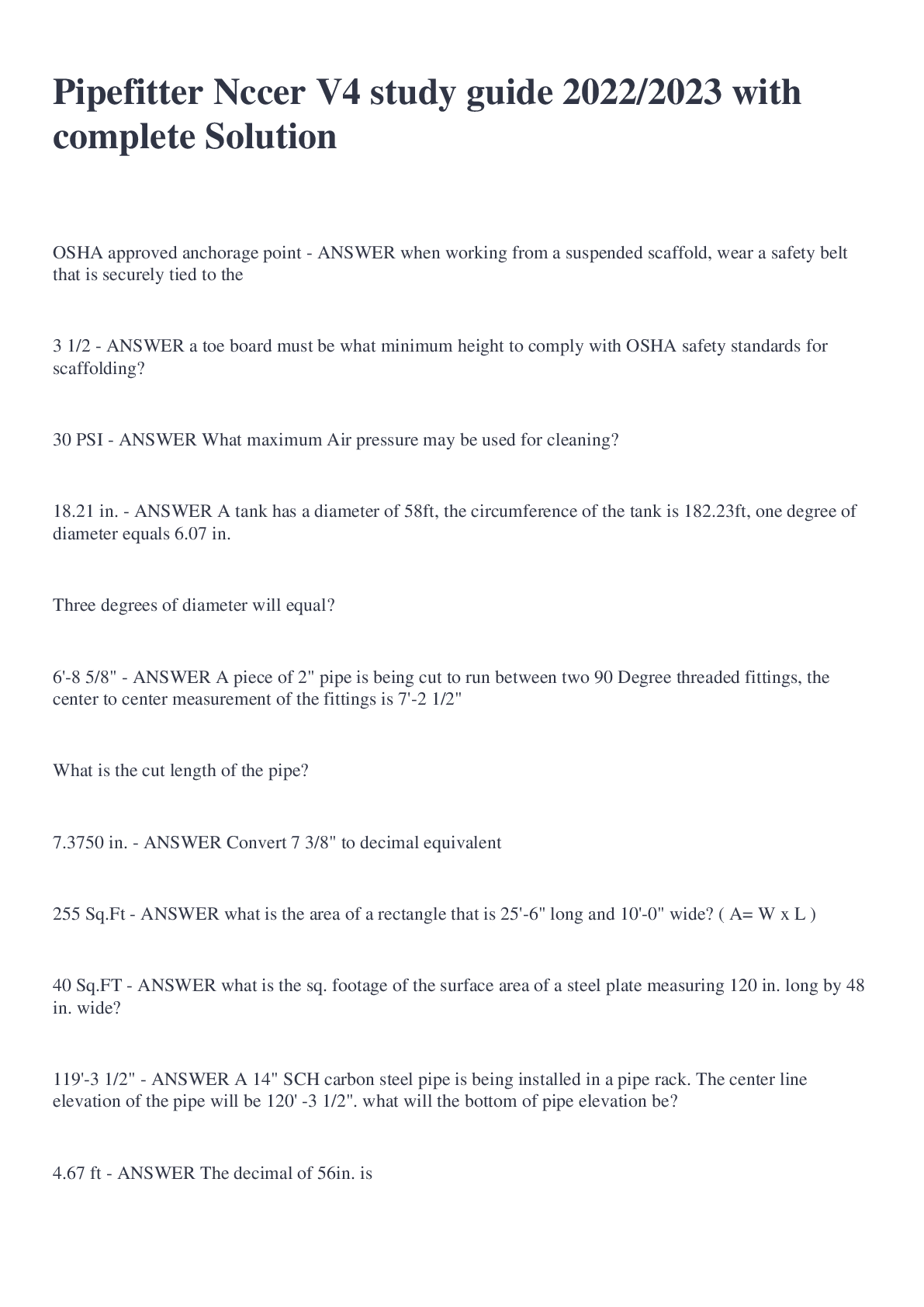 Pipefitter Nccer V4 study guide (Exam) 2022/2023 with complete Solution ...