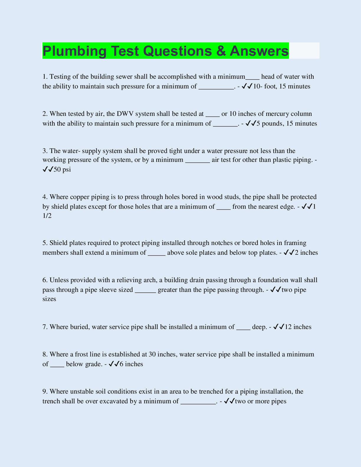 Plumbing Test Questions & Answers | 105 Questions with 100% Correct ...