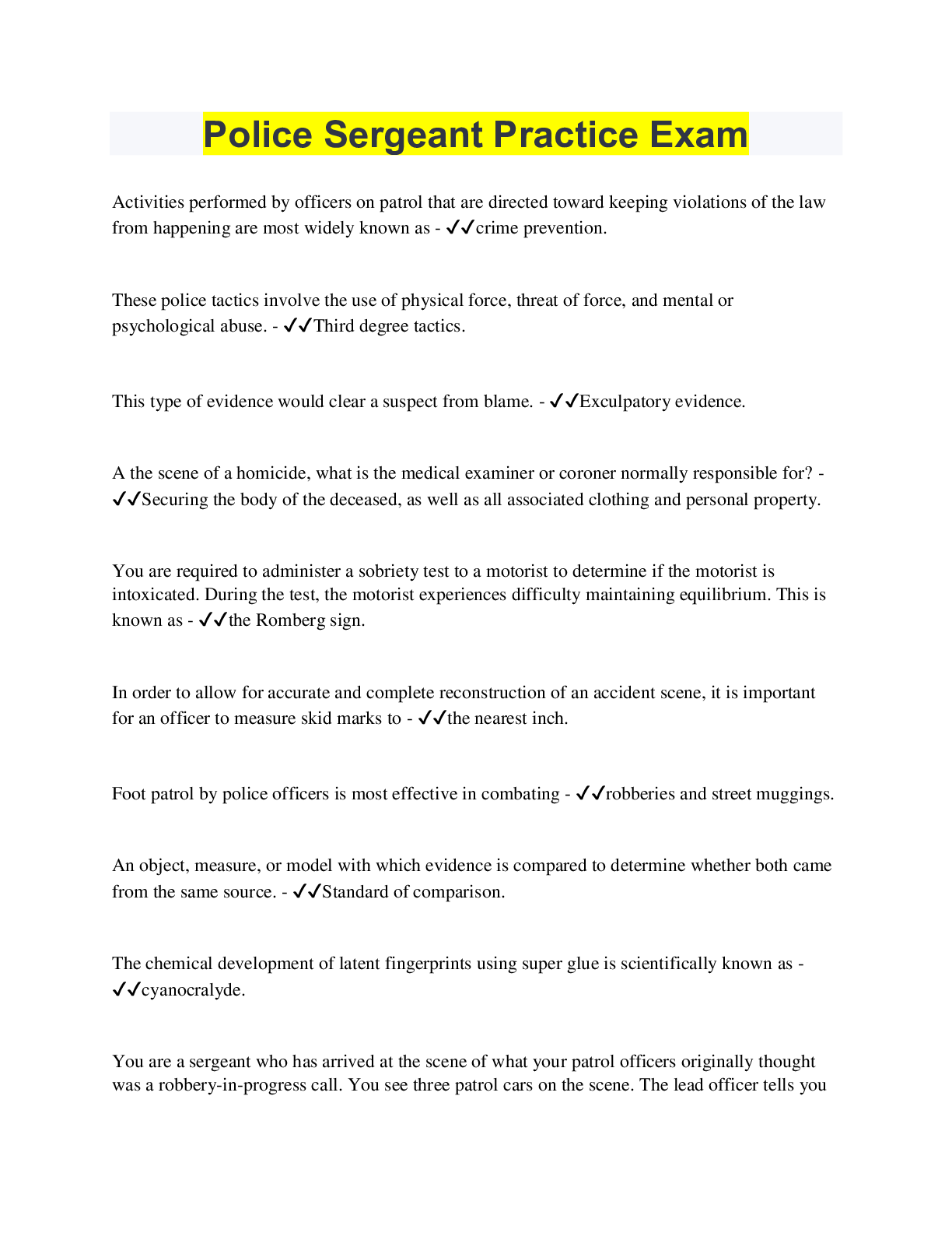 Police Sergeant Practice Exam (100 Questions with 100% Correct Answers ...