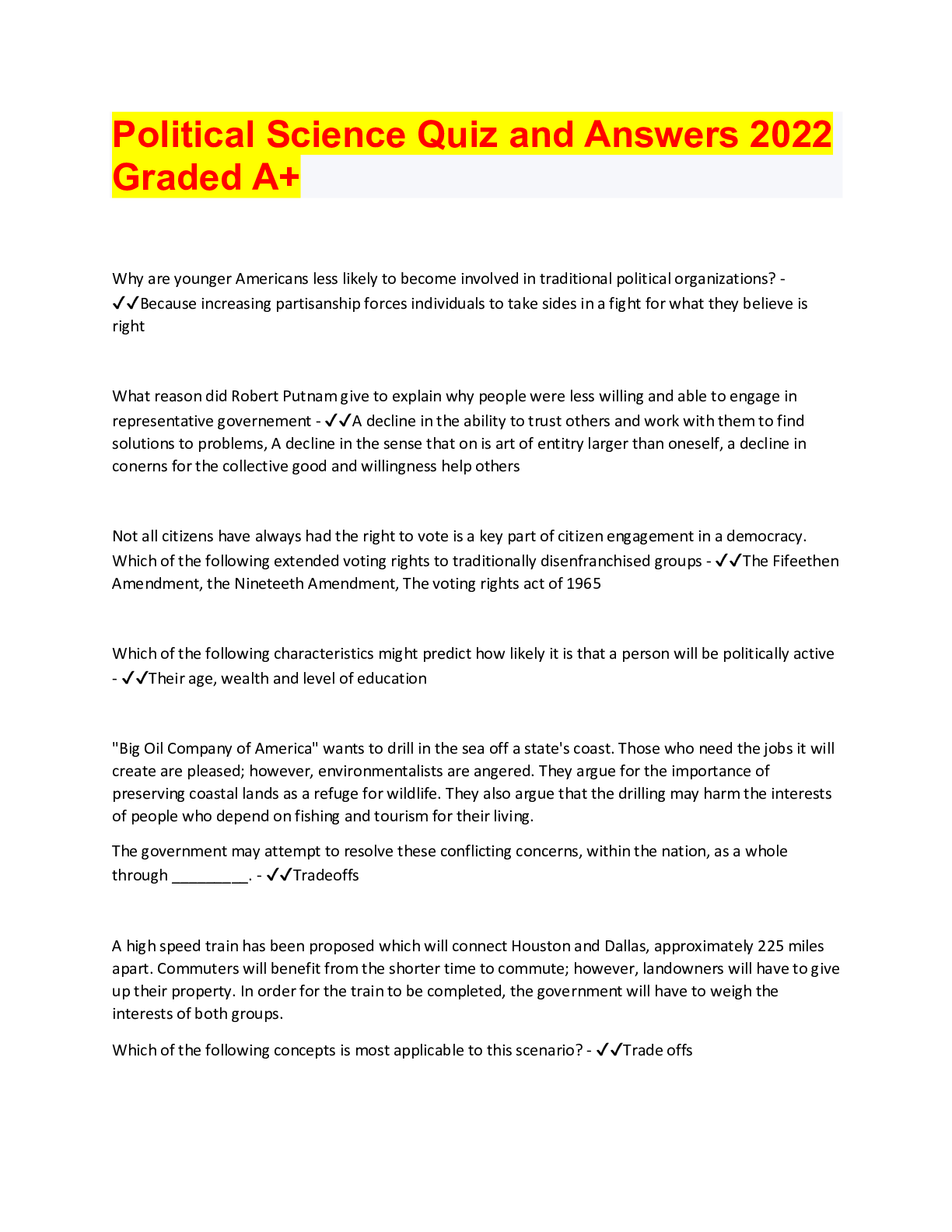 Political Science Quiz and Answers 2022 Graded A+ - Scholarfriends