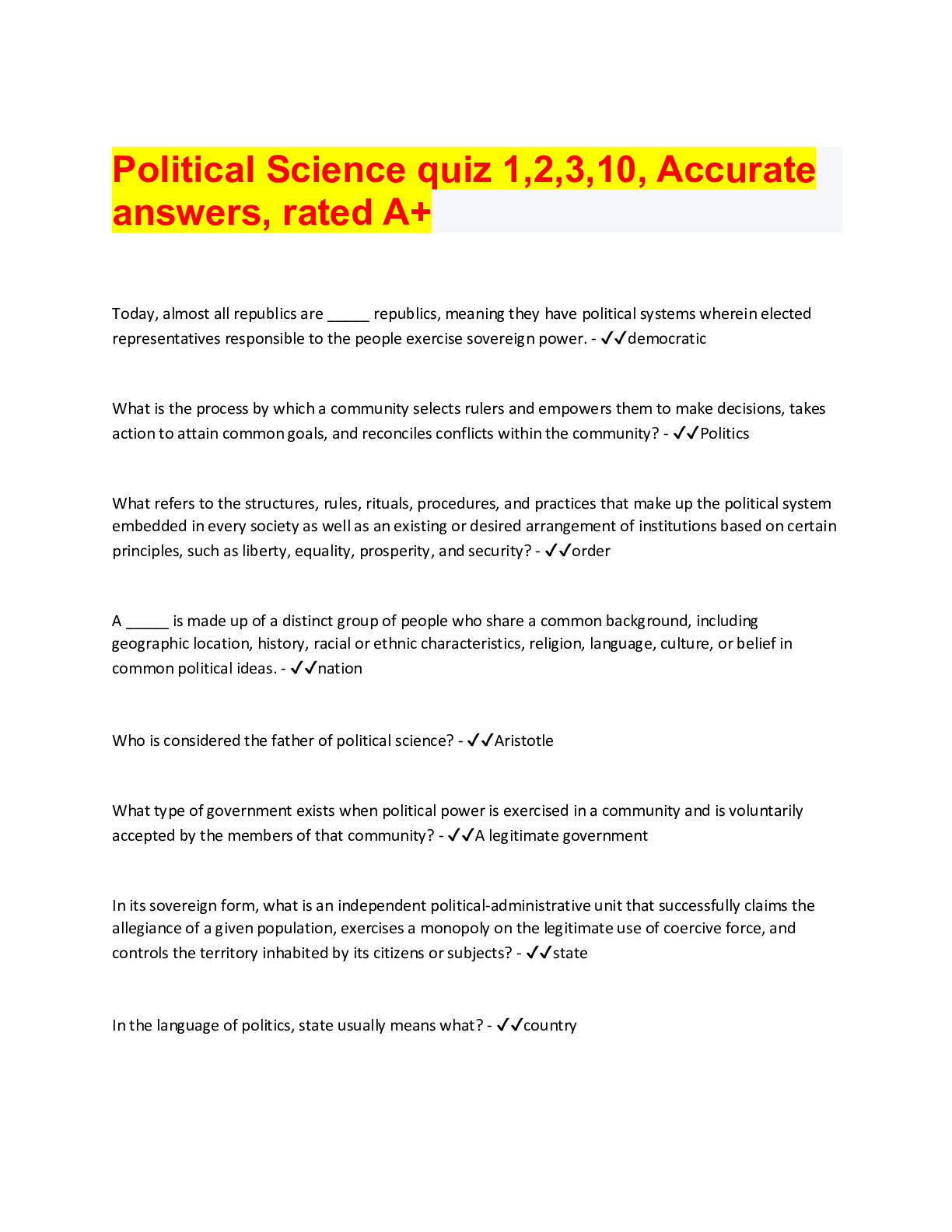 Political Science quiz 1,2,3,10, Accurate answers, rated A+, Download ...