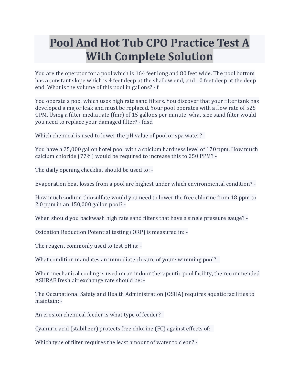 Pool And Hot Tub CPO Practice Test A With Complete Solution ...