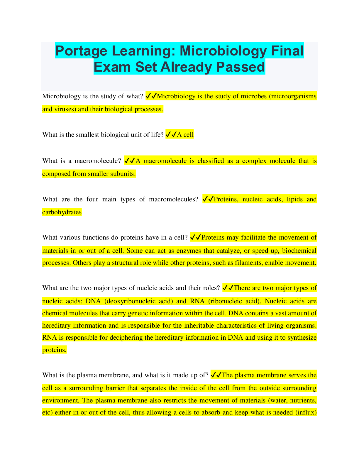 Portage Learning: Microbiology Final Exam Set Already Passed ...