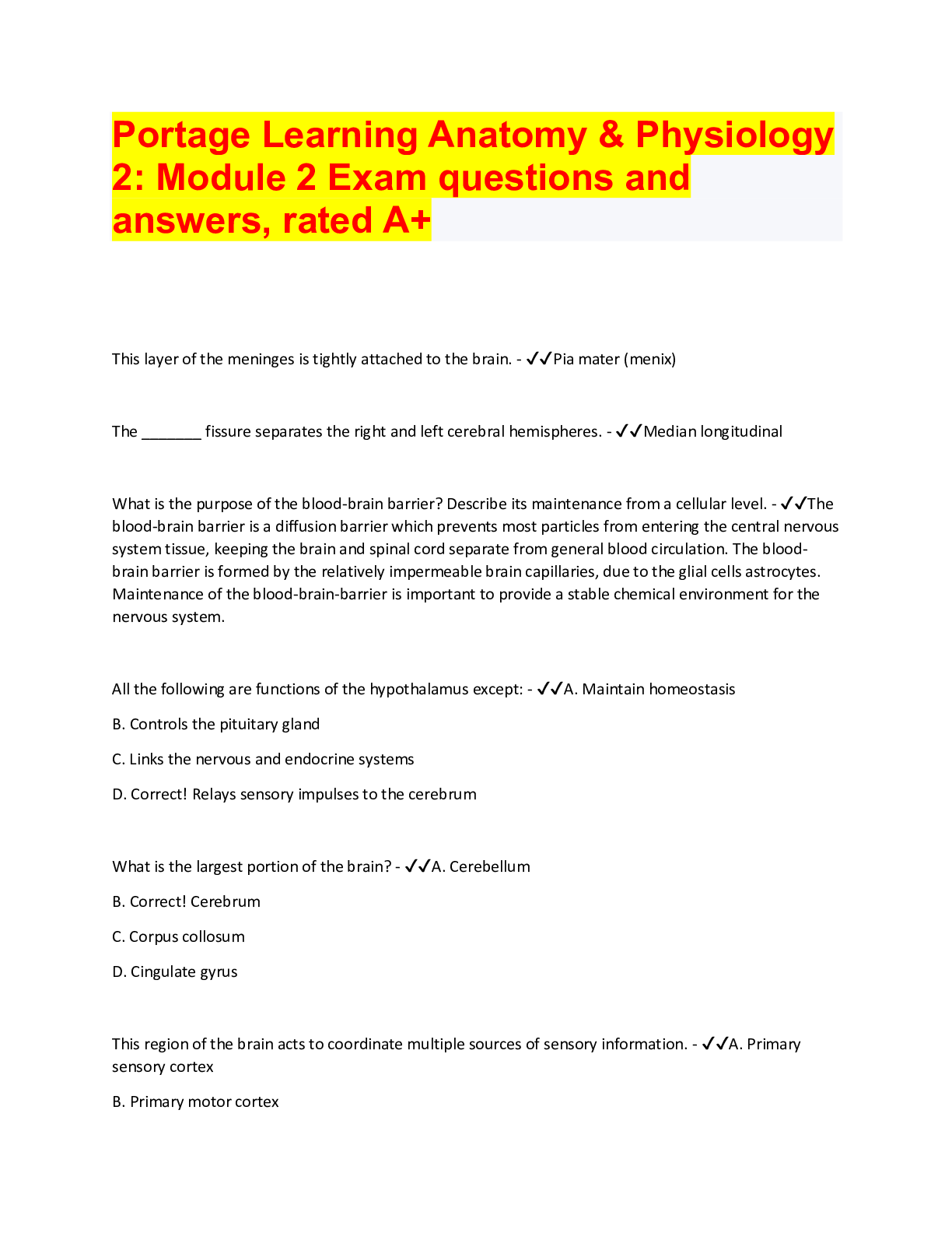 Portage Learning Anatomy & Physiology 2: Module 2 Exam questions and ...